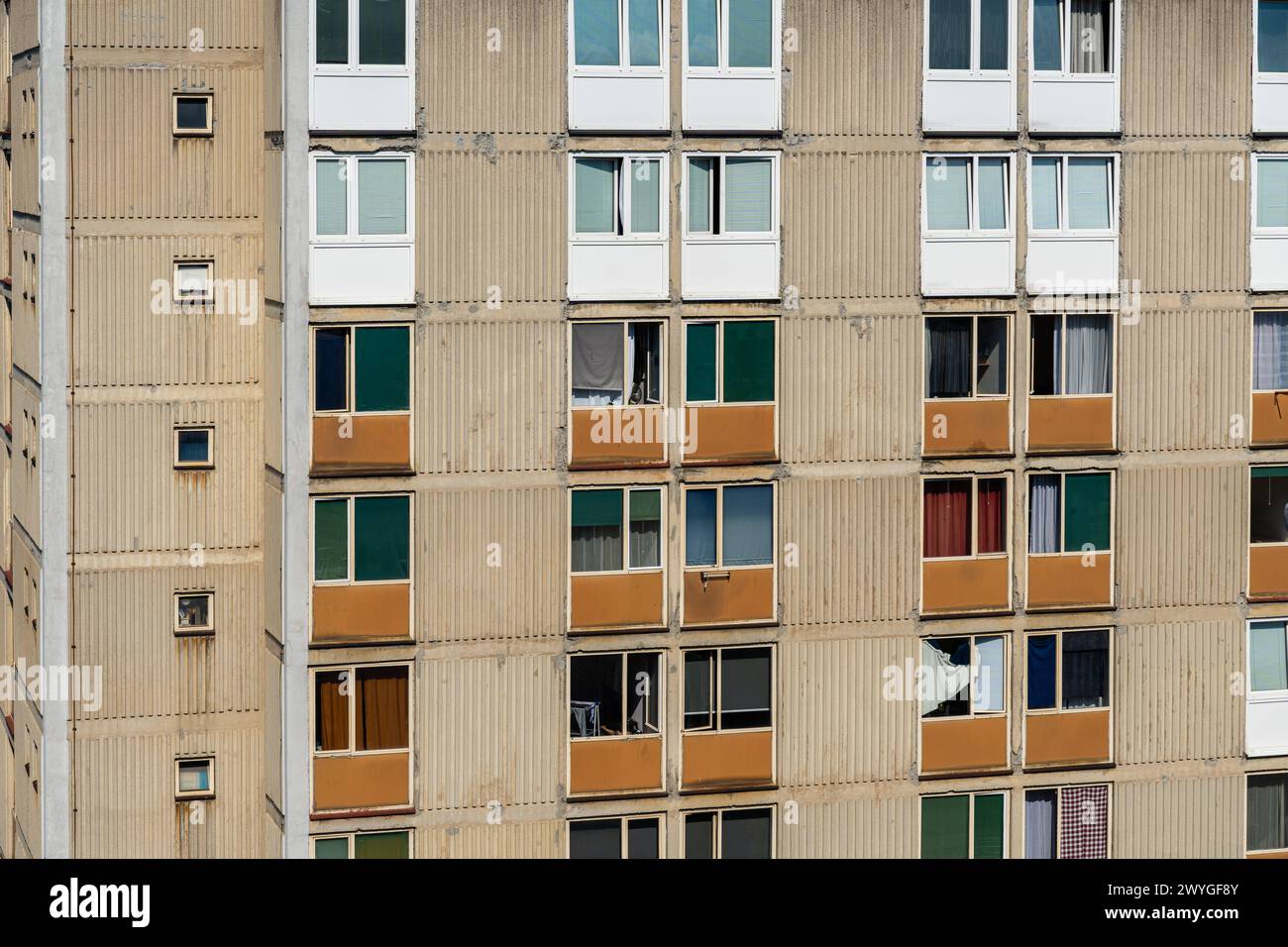 29 July 2022: A dilapidated high-rise building with many apartments ...