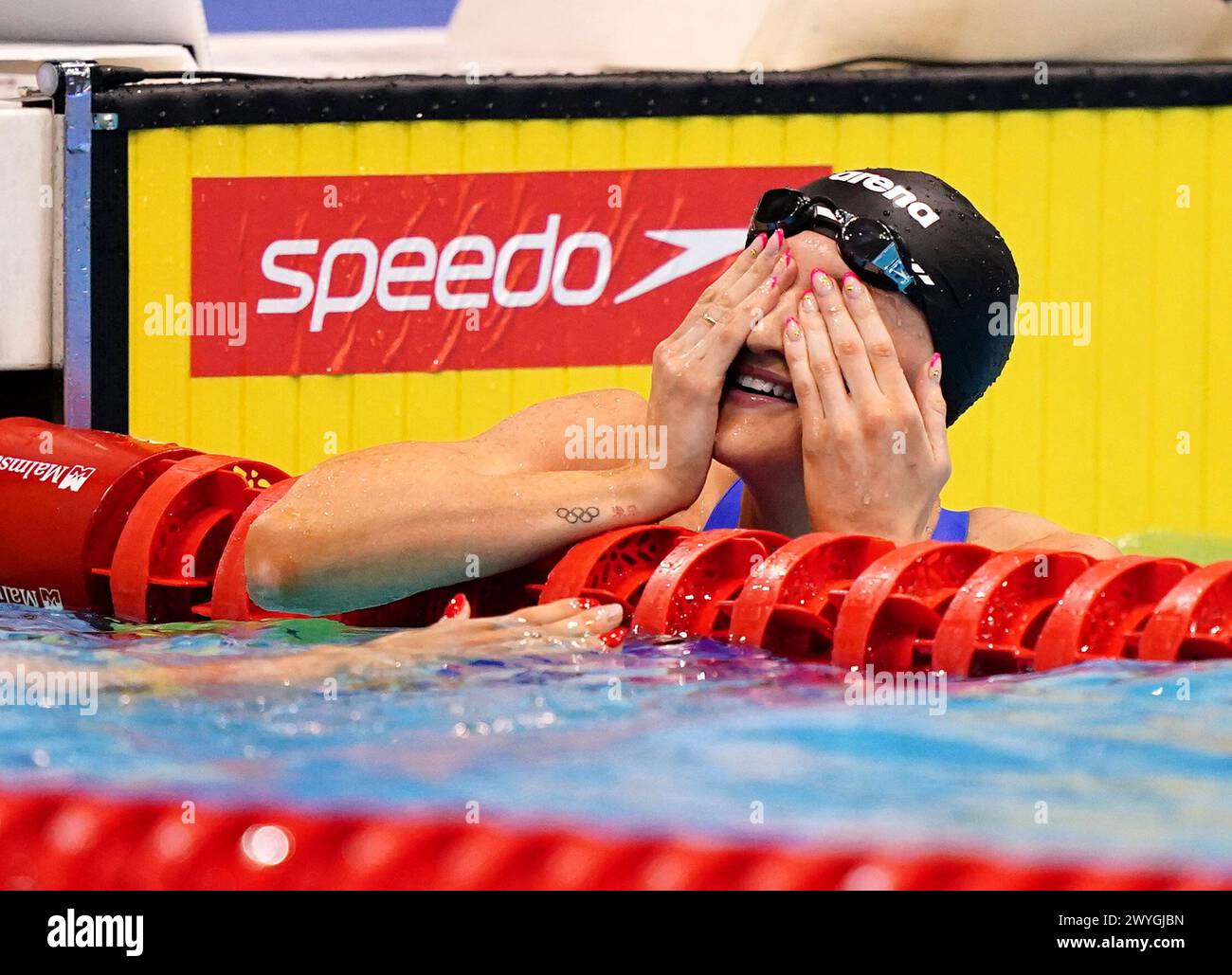 Abbie Wood reacts after winning the Women's 200m IM Final on day five of the 2024 British ...