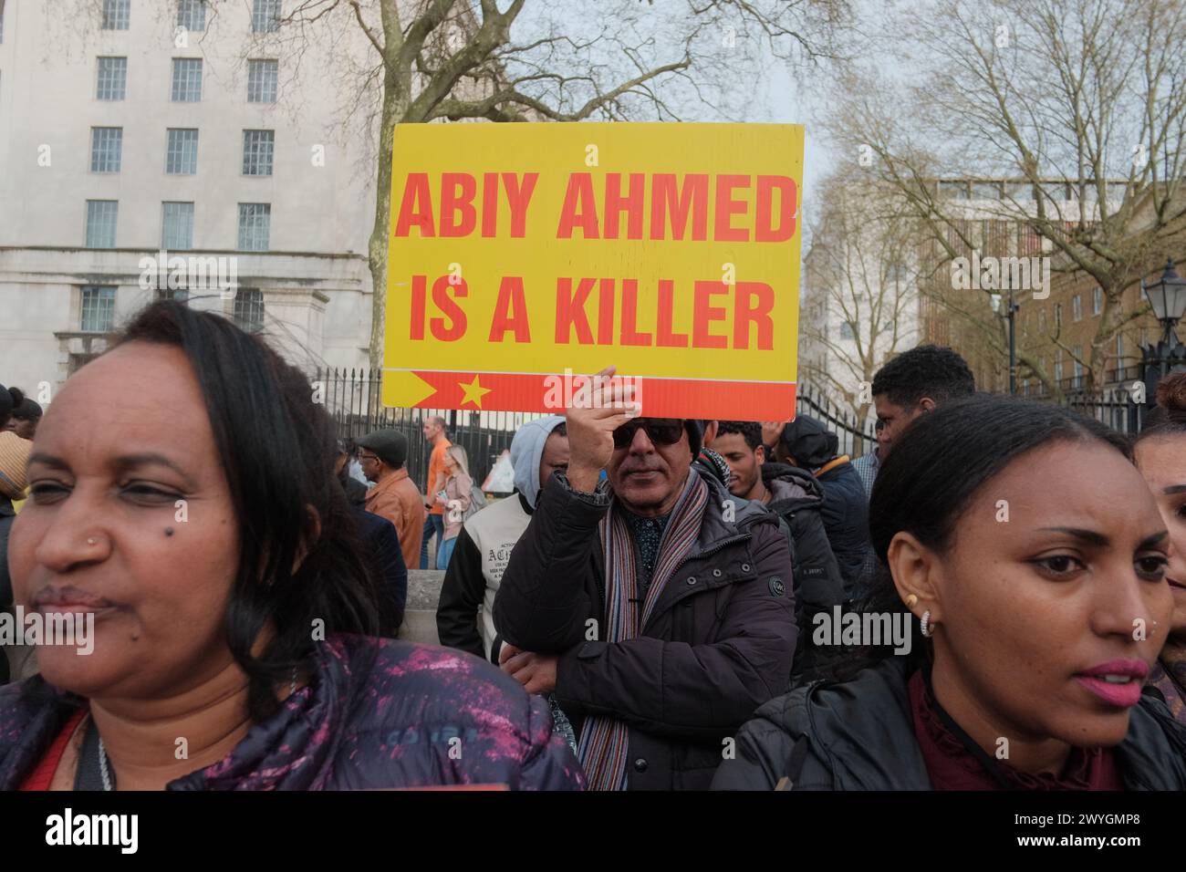 London, UK. 06th Apr, 2024. Activists gather outside the Foreign Office ...