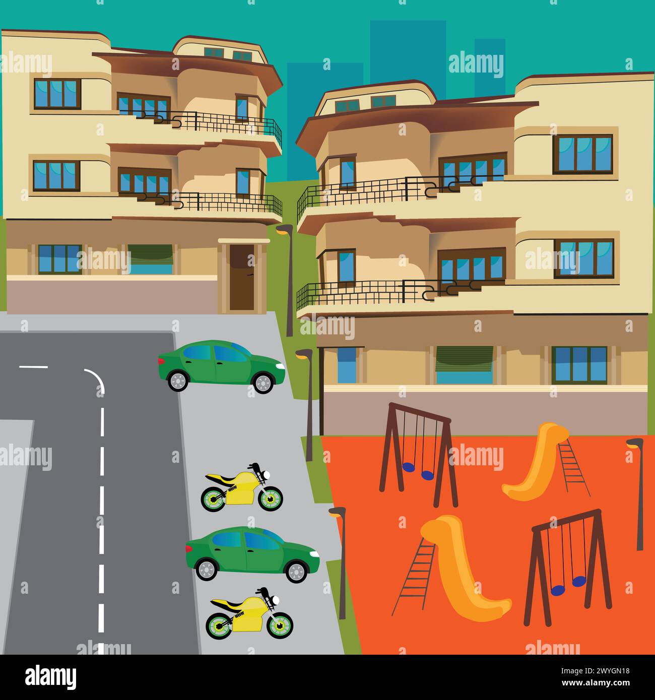 Urban street view with vintage buildings playground and vehicles ...