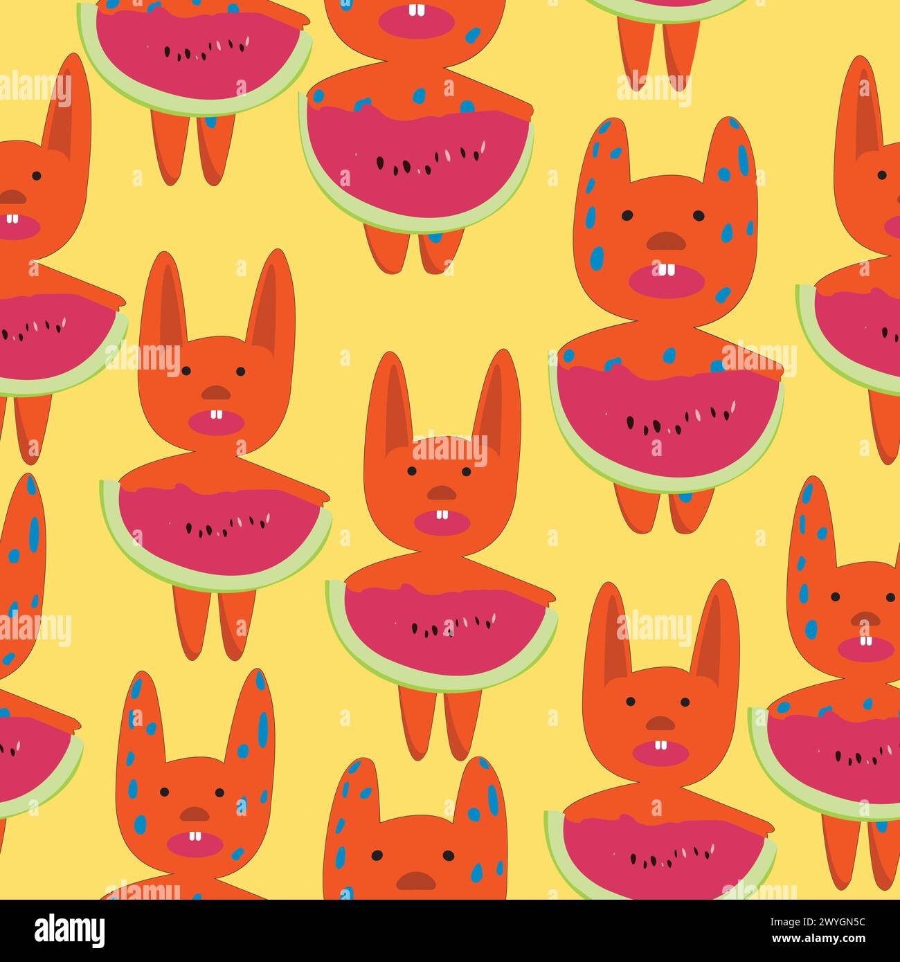 orange rabbits with watermellorn slice seamless; cartooned doodle ...