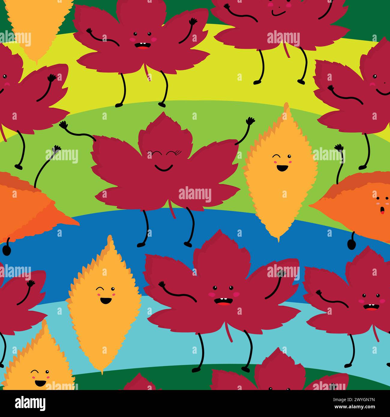 kawaii leaves colorful seamless pattern; colorful leaves seamless ...