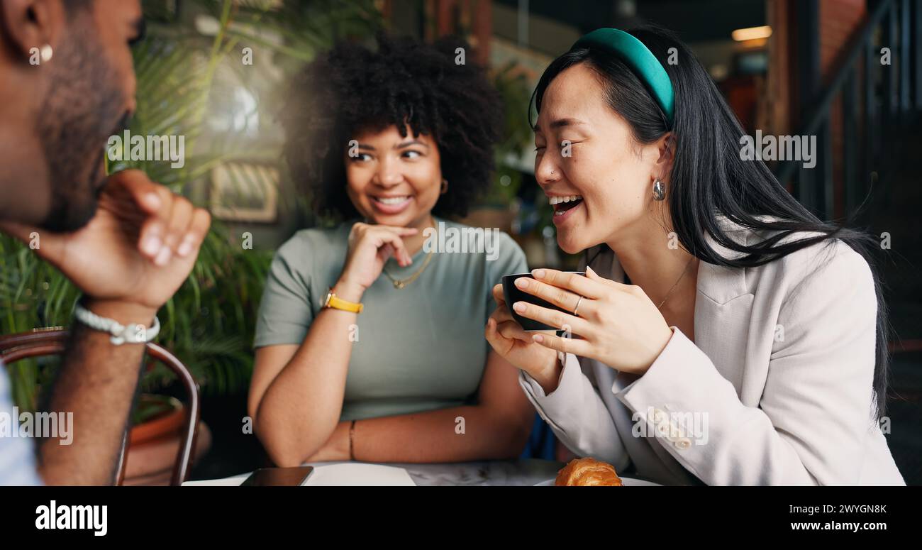 People, friends and talking with coffee at cafe for social, free time ...