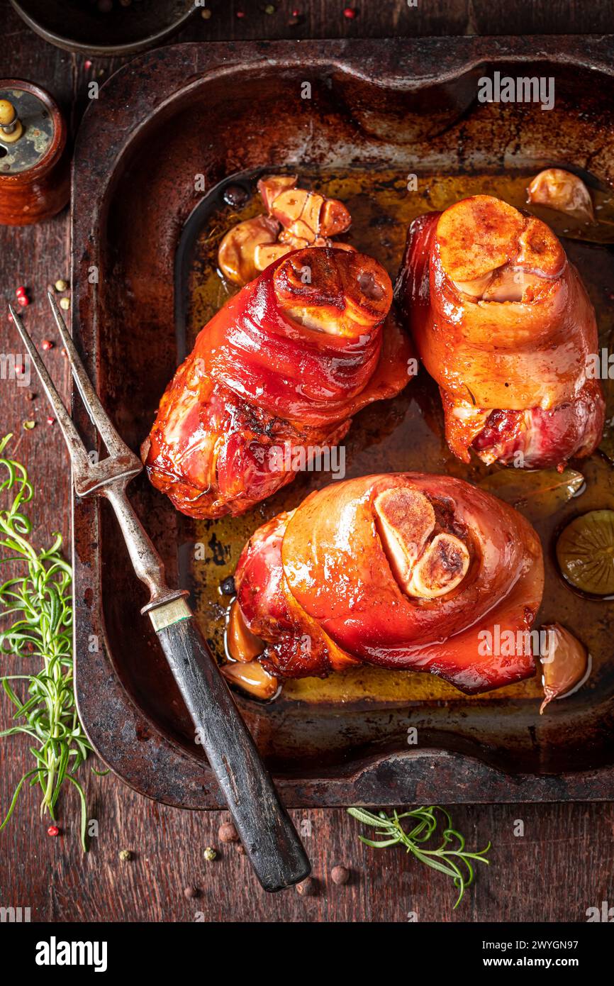 Fresh aand cripsy ham hock with garlic and spices. Roasted pork knuckle ...