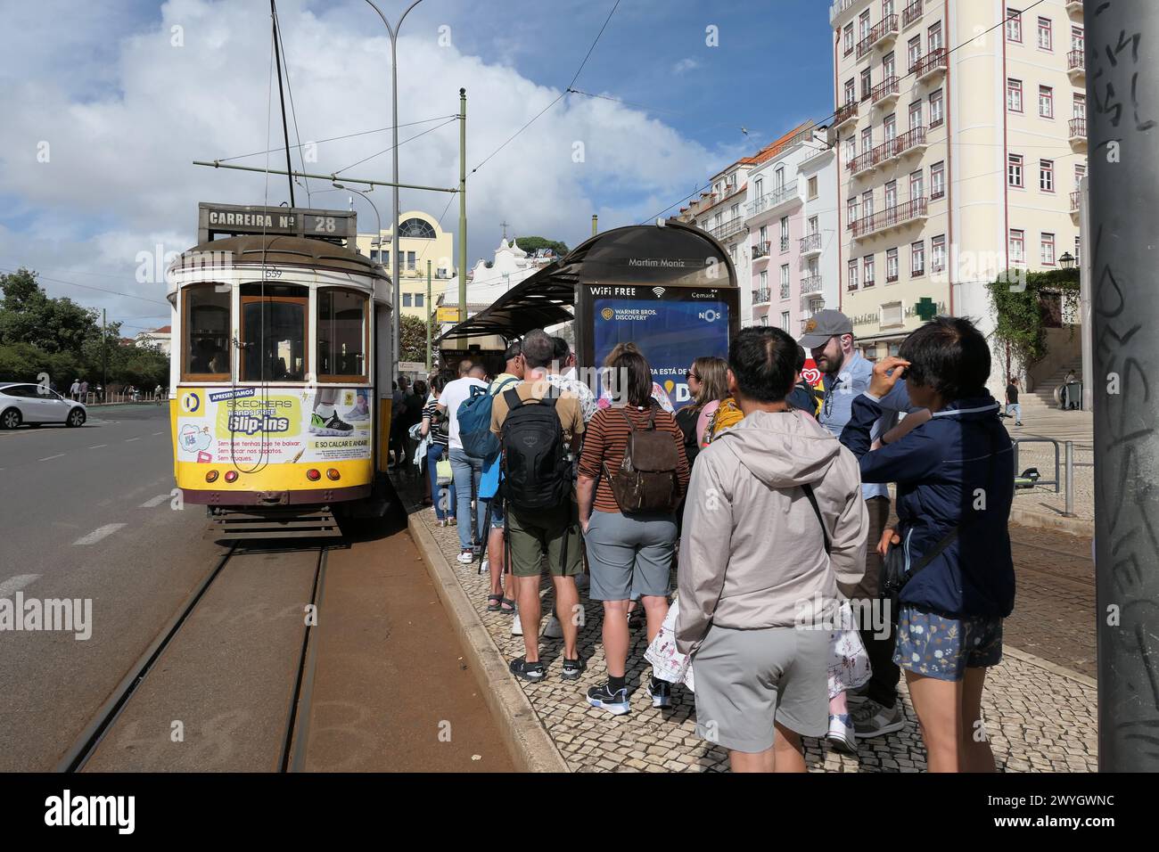 The yellow tram is a famous public transportation option in Lisbon ...