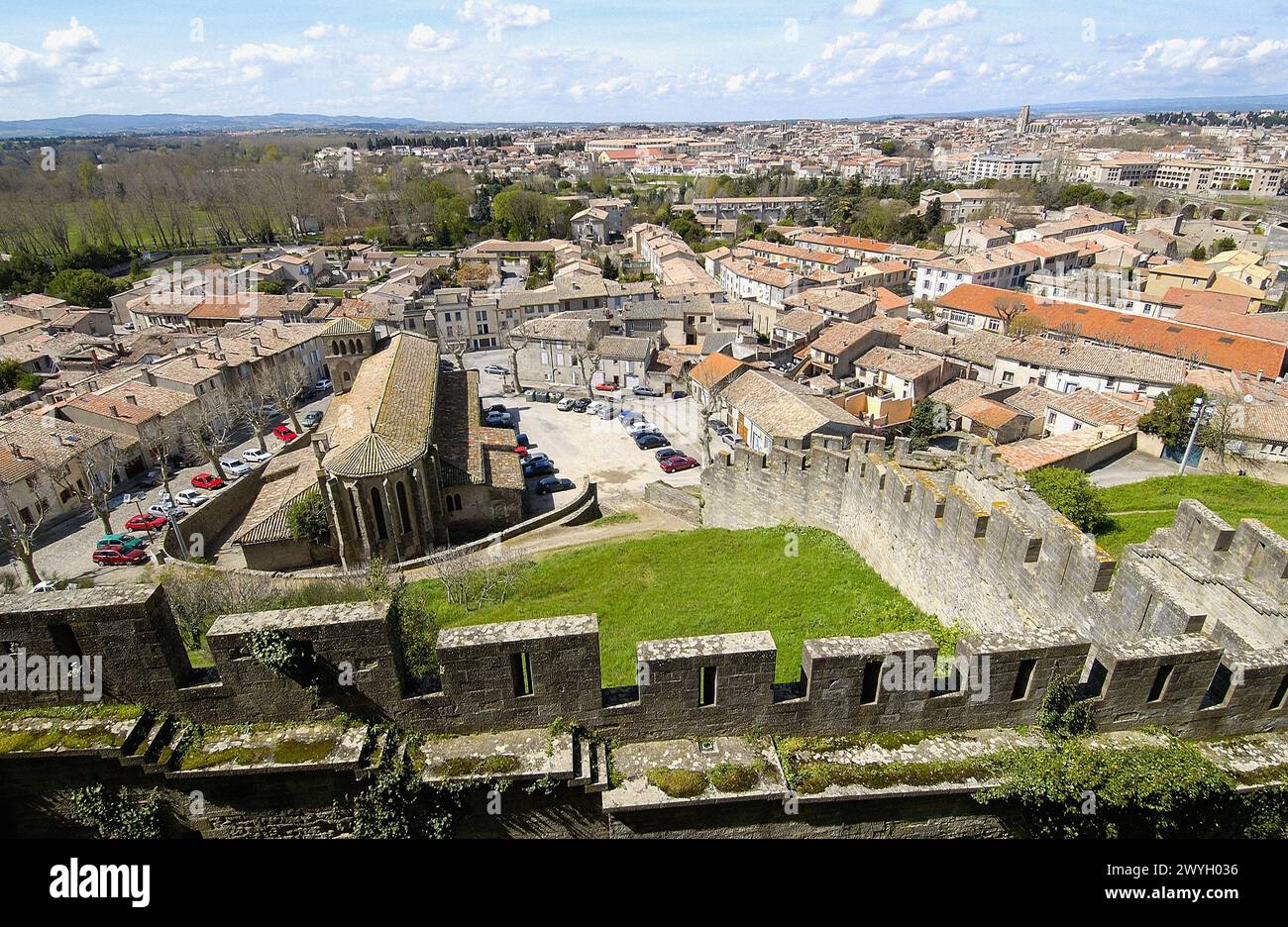 St. Gimers church in La Cité, Carcassonne medieval fortified town. Aude ...