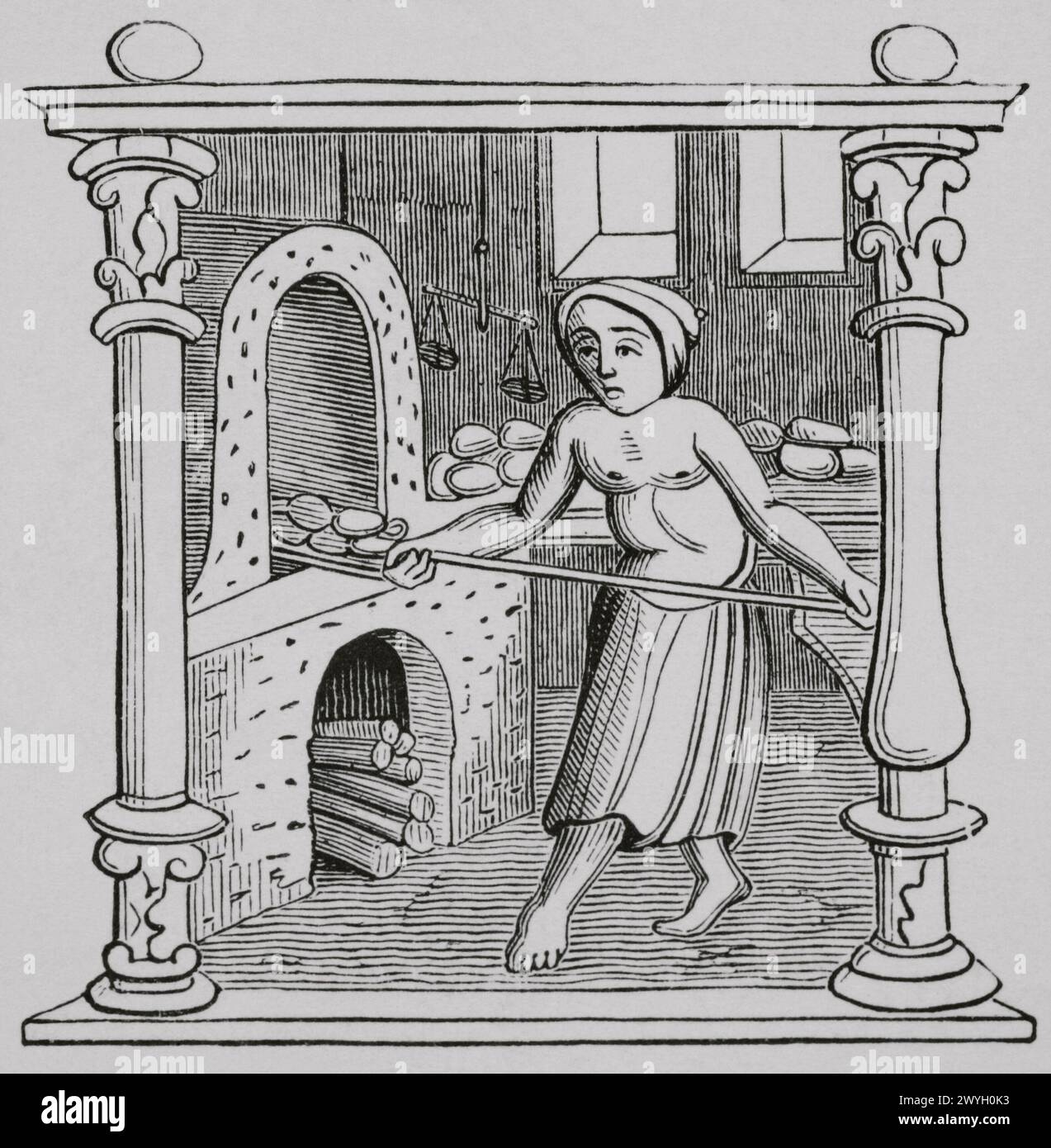 Bread making. Engraving after a miniature in a calendar published in a ...