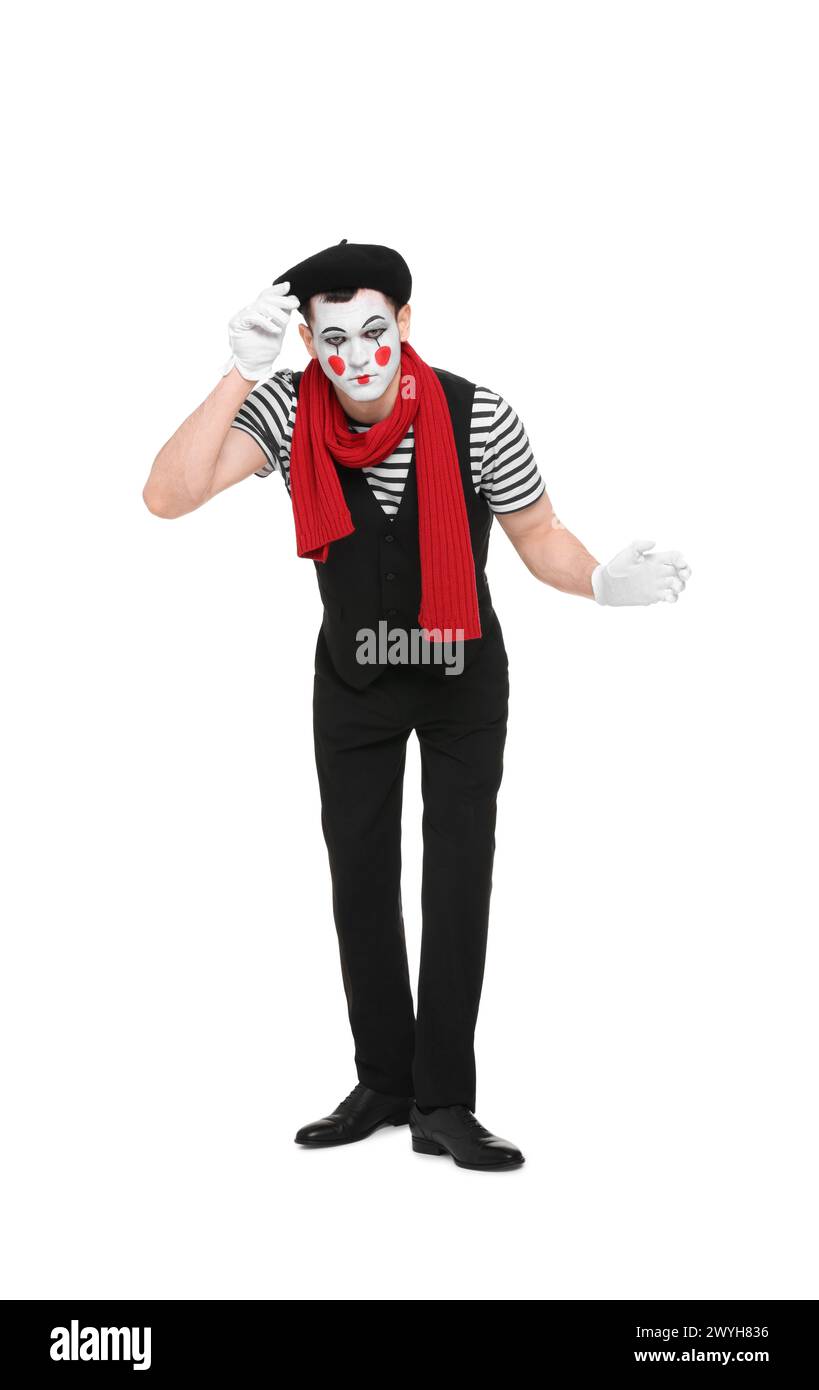 Funny mime artist in beret posing on white background Stock Photo - Alamy