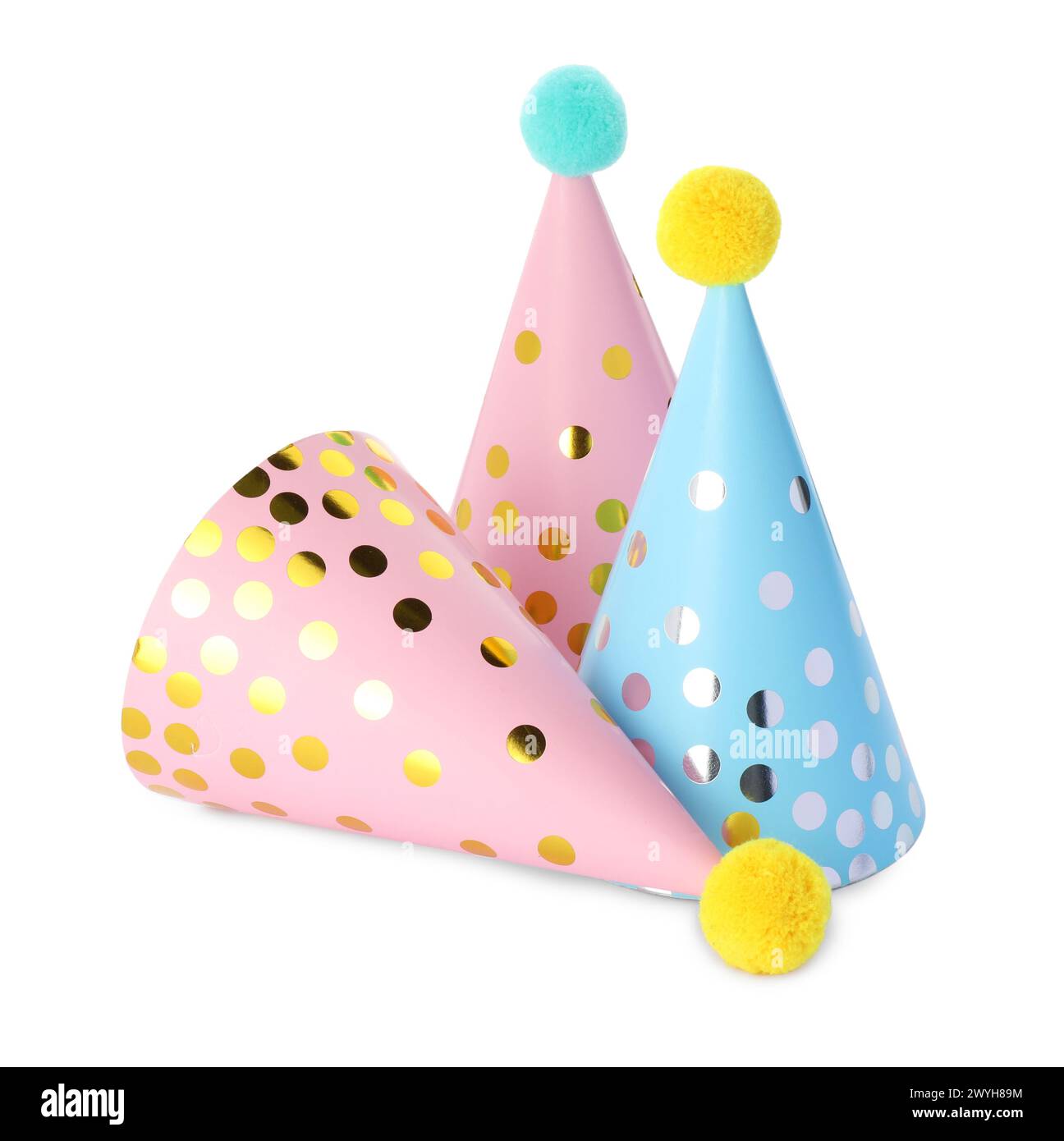 Three colorful party hats with pompoms isolated on white Stock Photo ...