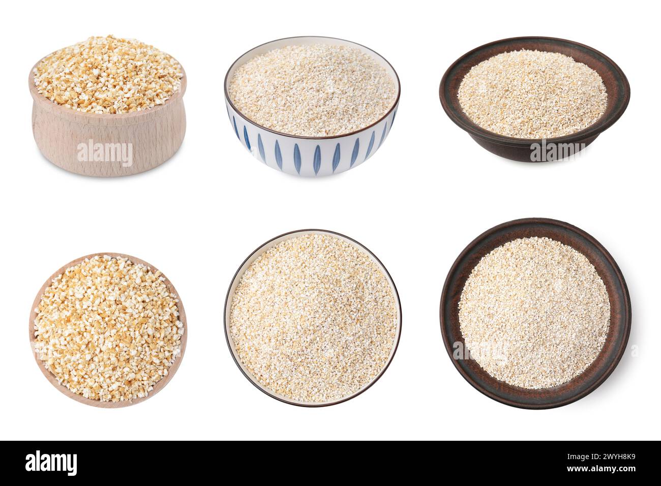 Collage of dry barley groats in bowls on white background, top and side ...