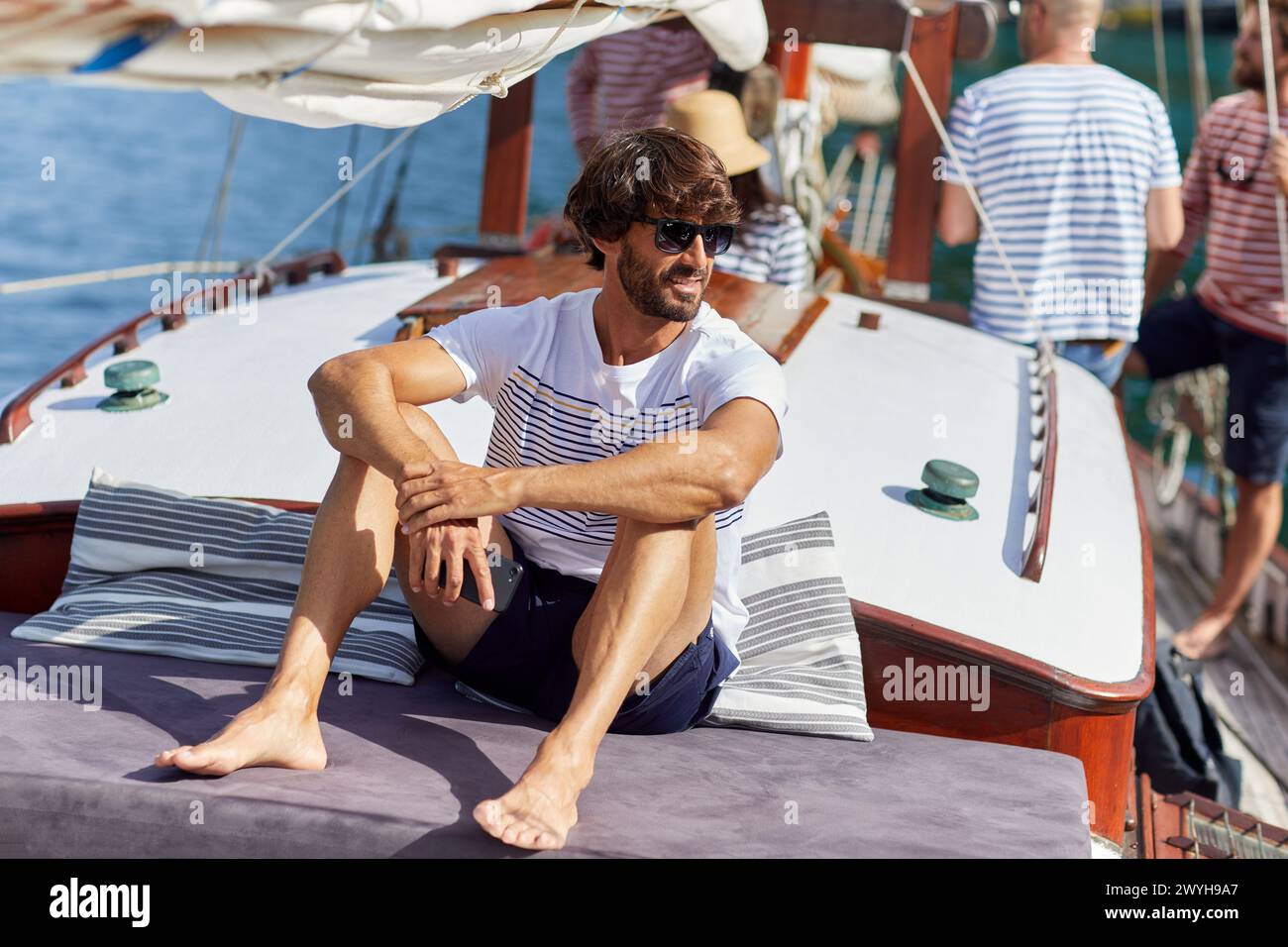 Young man with sailor clothes, Sailboat, Port of Pasaia, Gipuzkoa ...