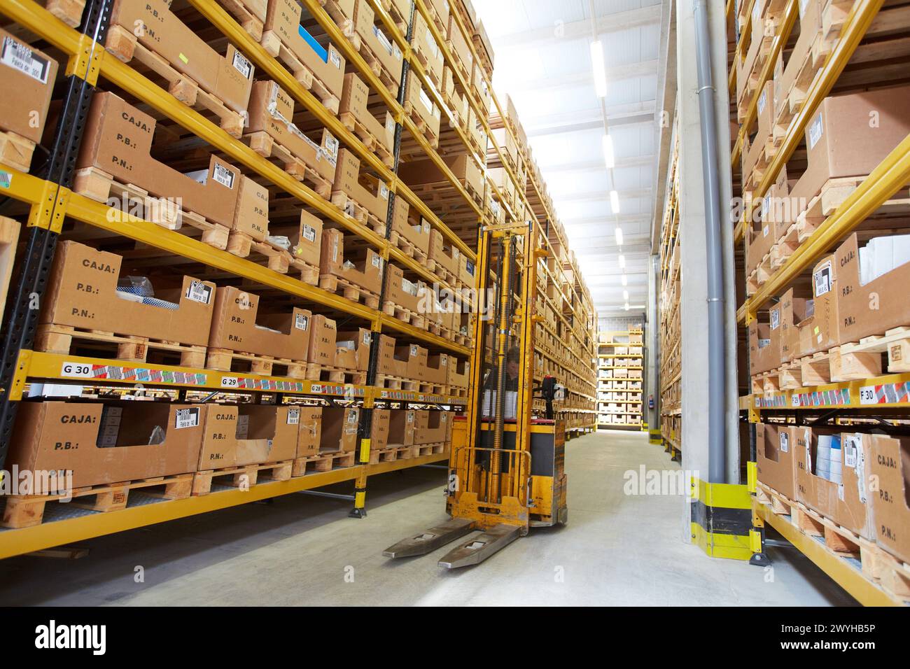 Forklift. Boxes with industrial parts. Warehouse palletizing Stock ...