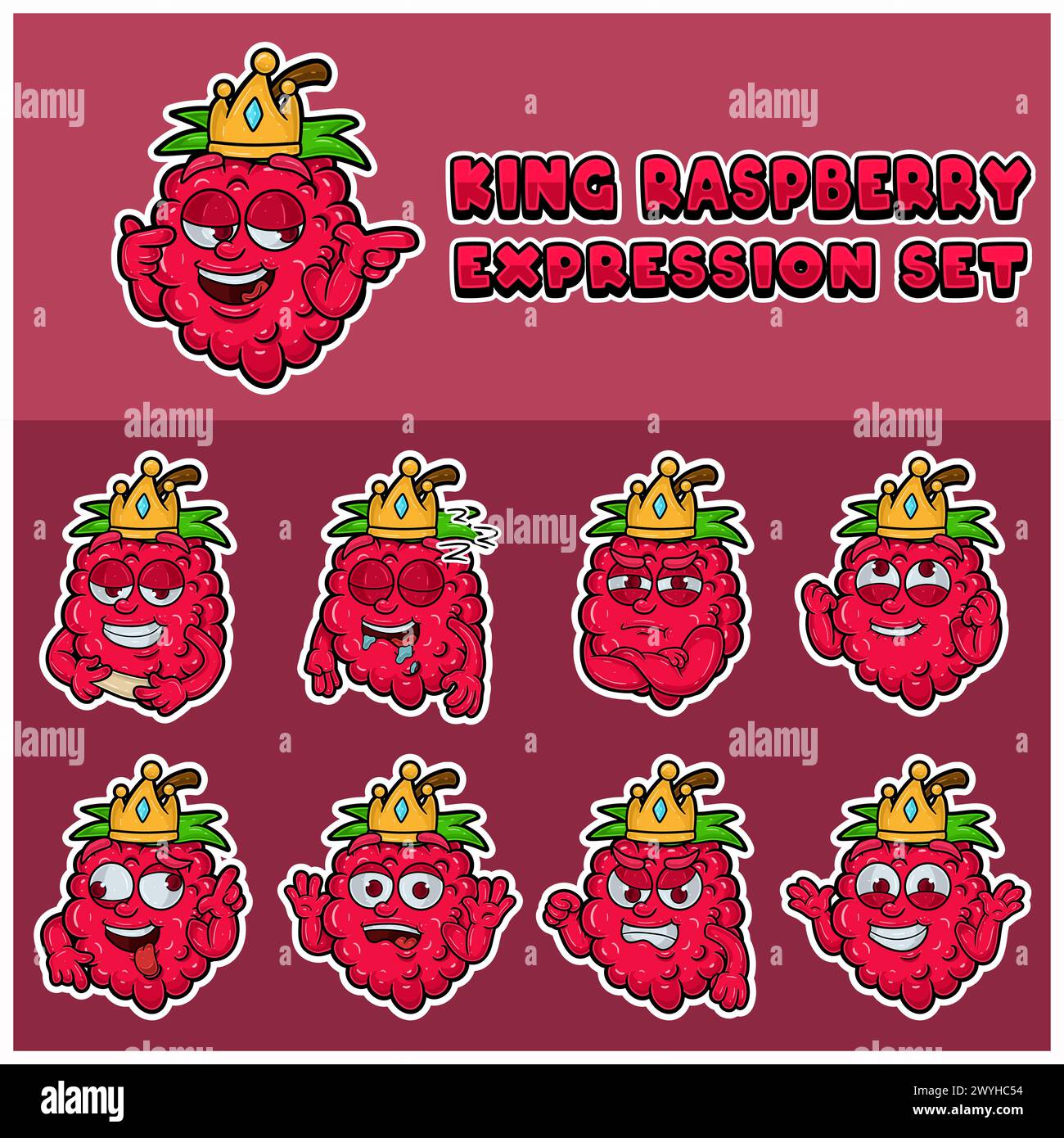 Cartoon Mascot Of Raspberry Character with king and expression set ...