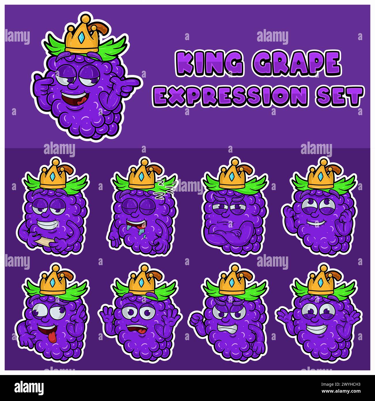 Cartoon Mascot Of Grape Character with king and expression set. Vector ...
