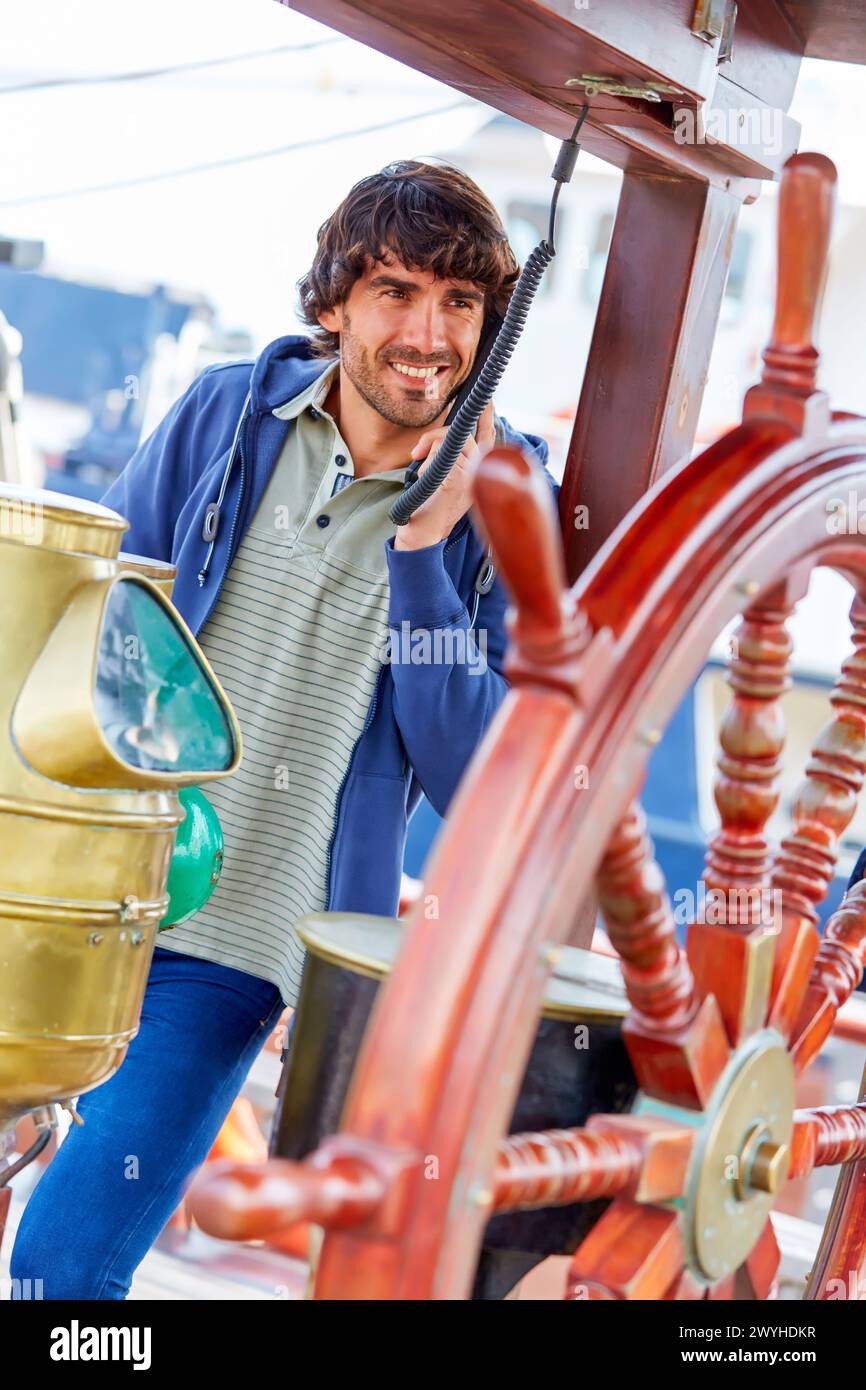 Sailor at the helm of a sailboat, galleon. Basque Country. Spain Stock ...