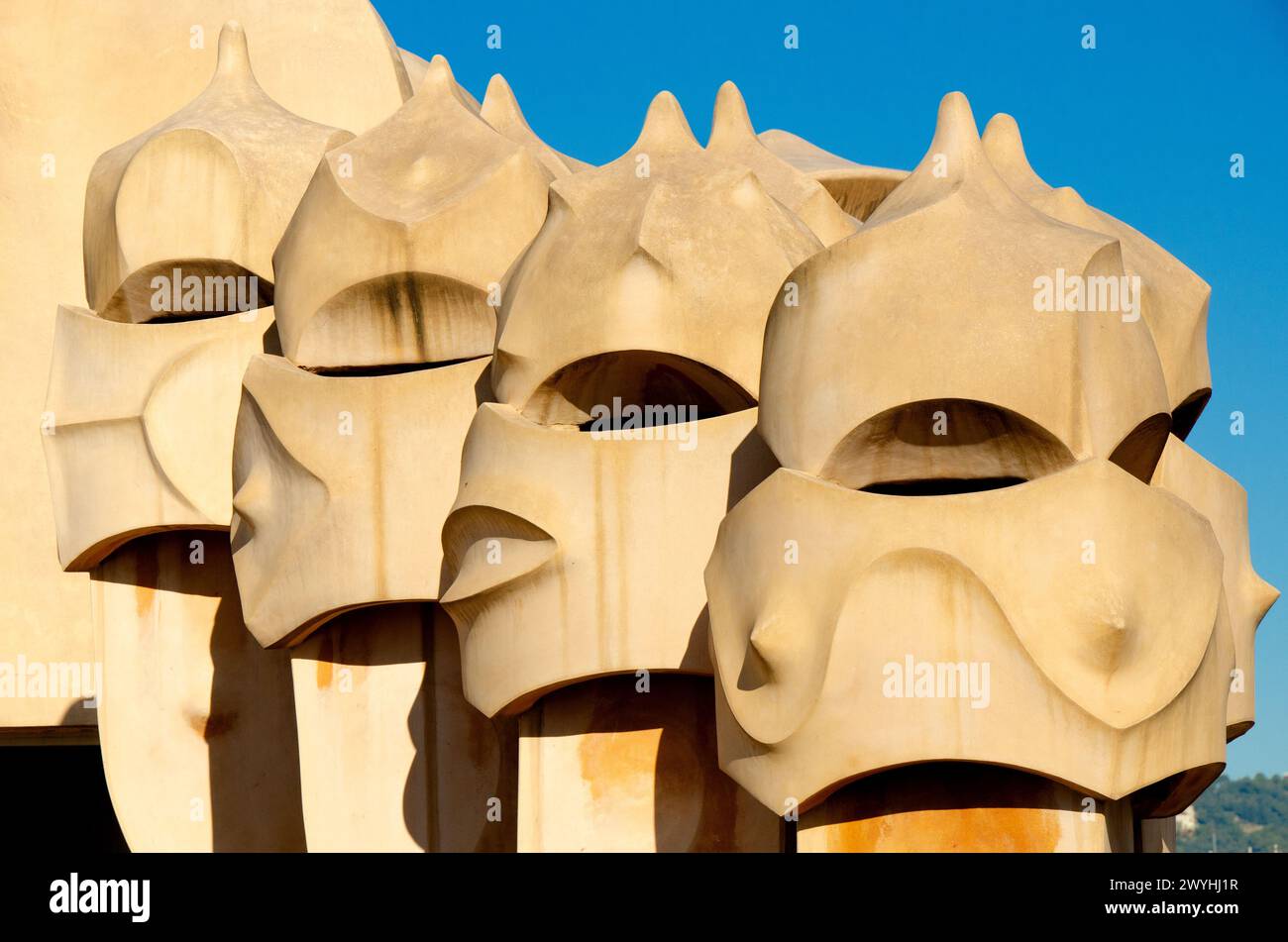 Chimneys on rooftop of Gaudi's masterpiece Casa Batlo. The building ...
