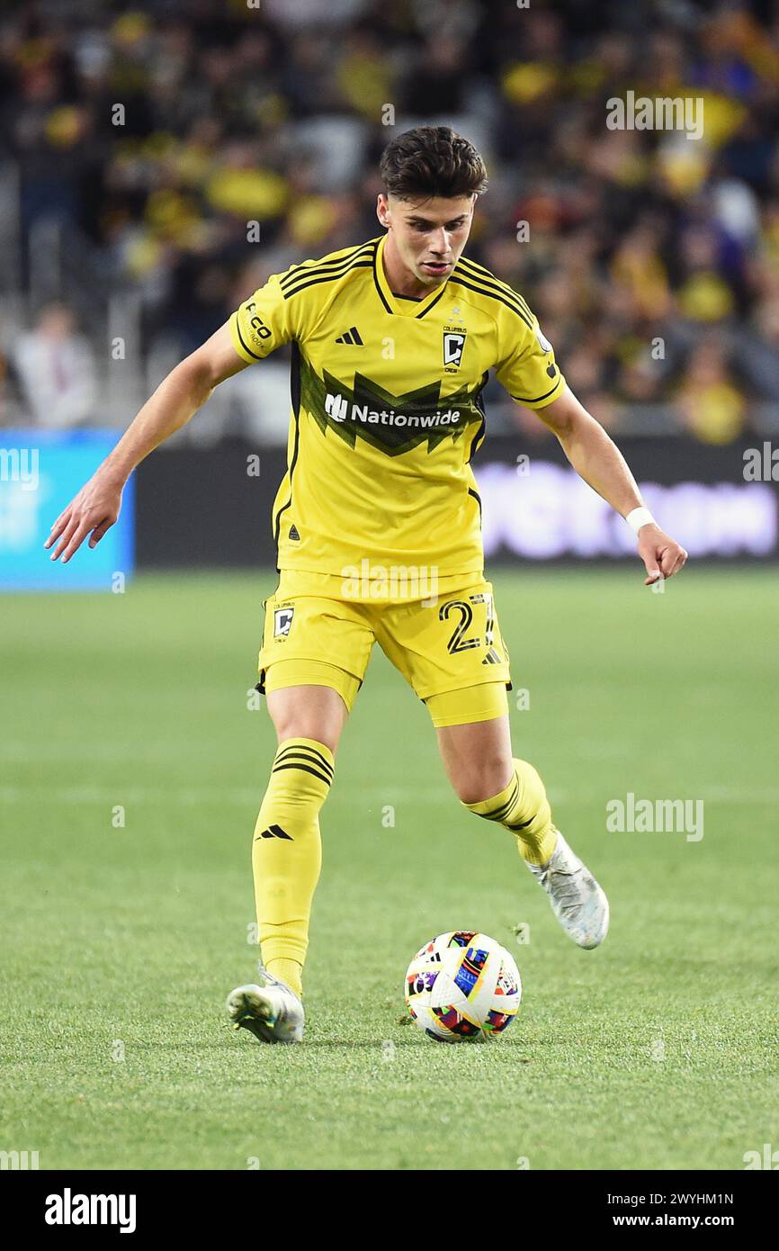 April 6, 2024: Columbus Crew forward Max Arfsten (27) handles the ball ...
