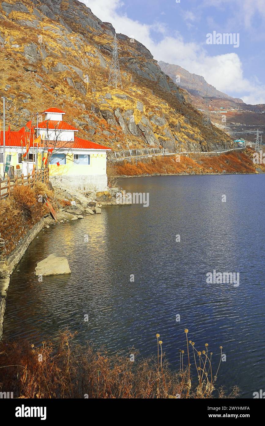 scenic view of beautiful changu lake, a popular tourist destination of east sikkim, surrounded ...