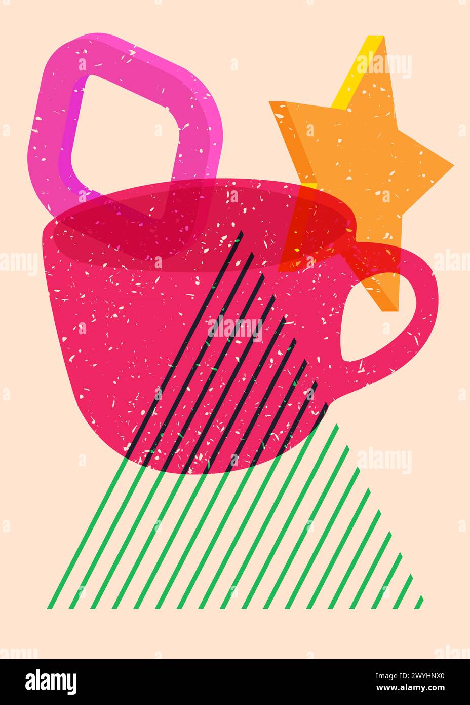 Risograph Coffee cup with geometric shapes. Objects in trendy riso ...