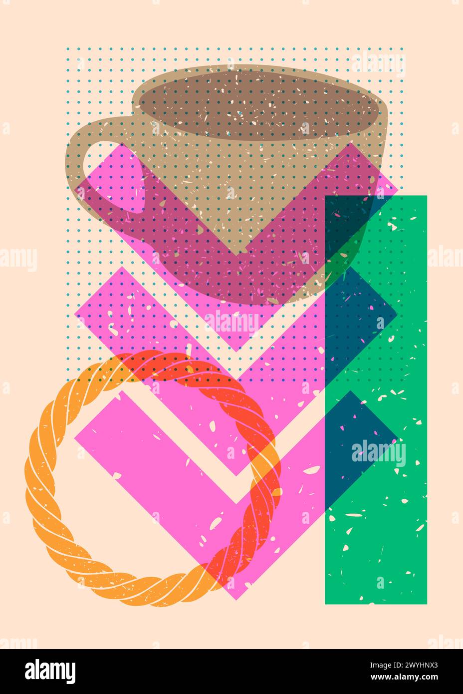 Risograph Coffee cup with geometric shapes. Objects in trendy riso ...