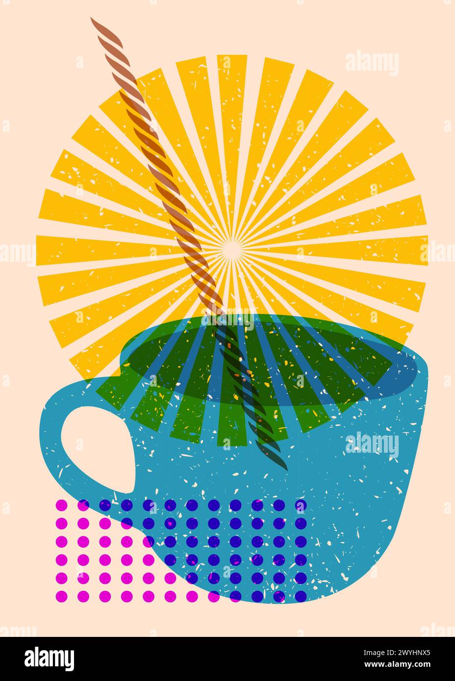 Risograph Coffee cup with geometric shapes. Objects in trendy riso ...