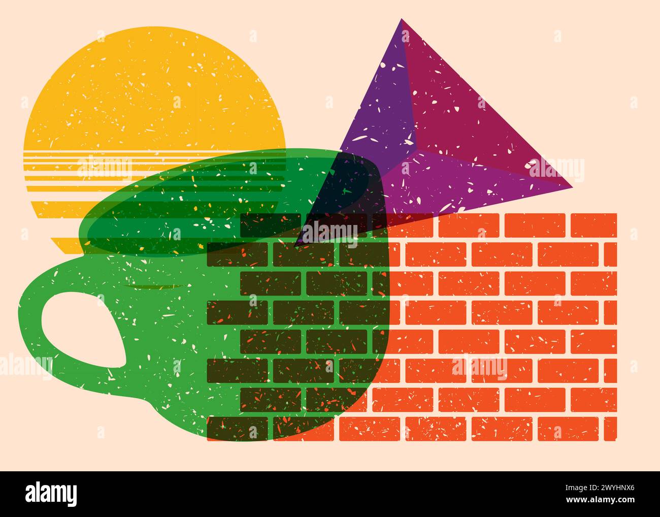 Risograph Coffee cup with geometric shapes. Objects in trendy riso graph print texture style ...