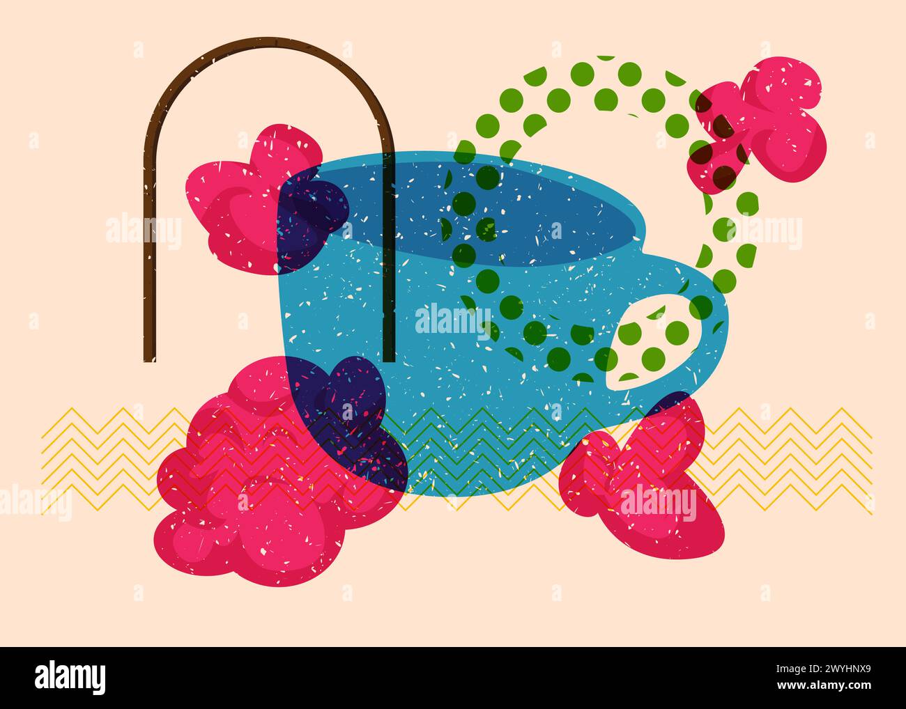 Risograph Coffee cup with geometric shapes. Objects in trendy riso ...