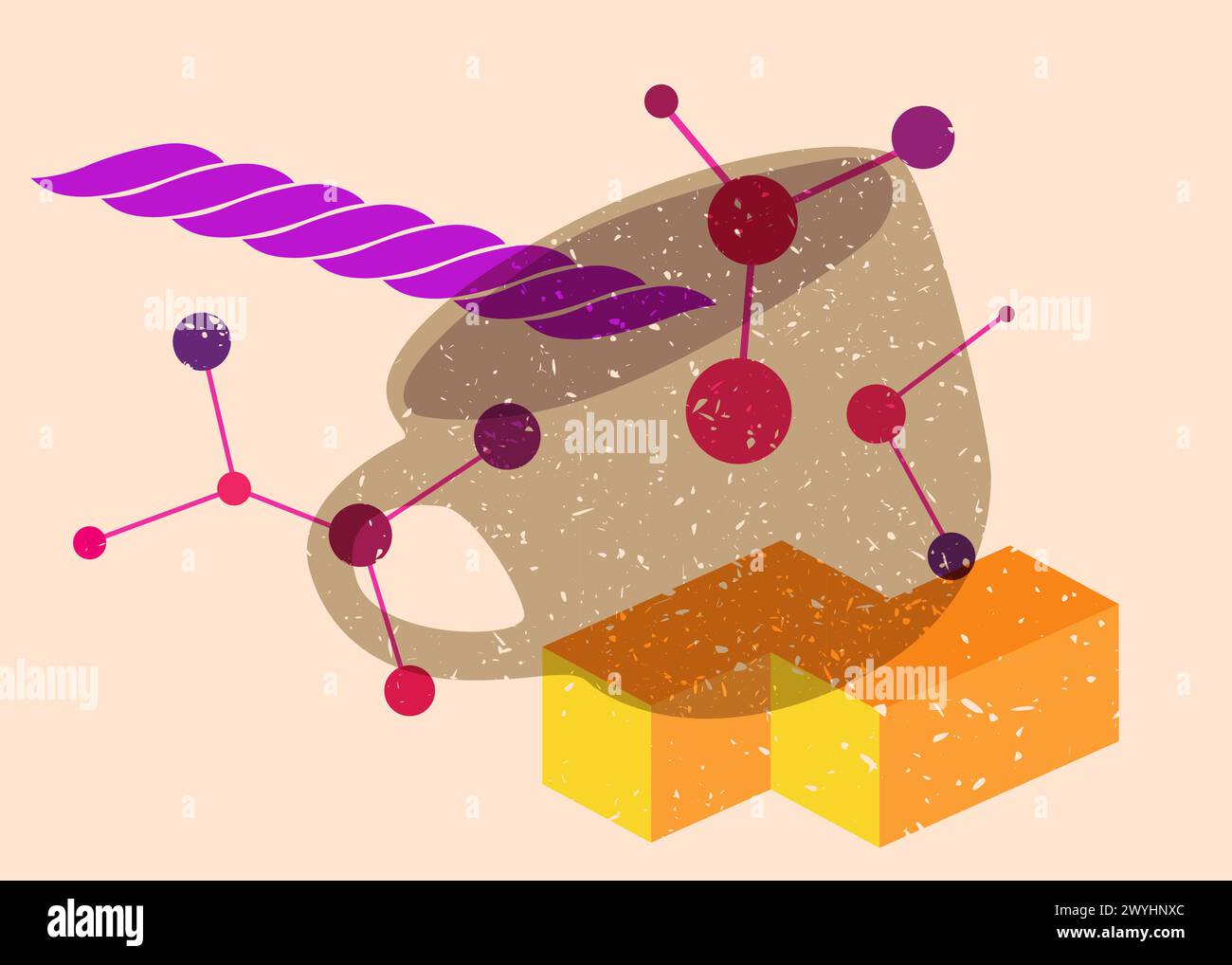 Risograph Coffee cup with geometric shapes. Objects in trendy riso ...