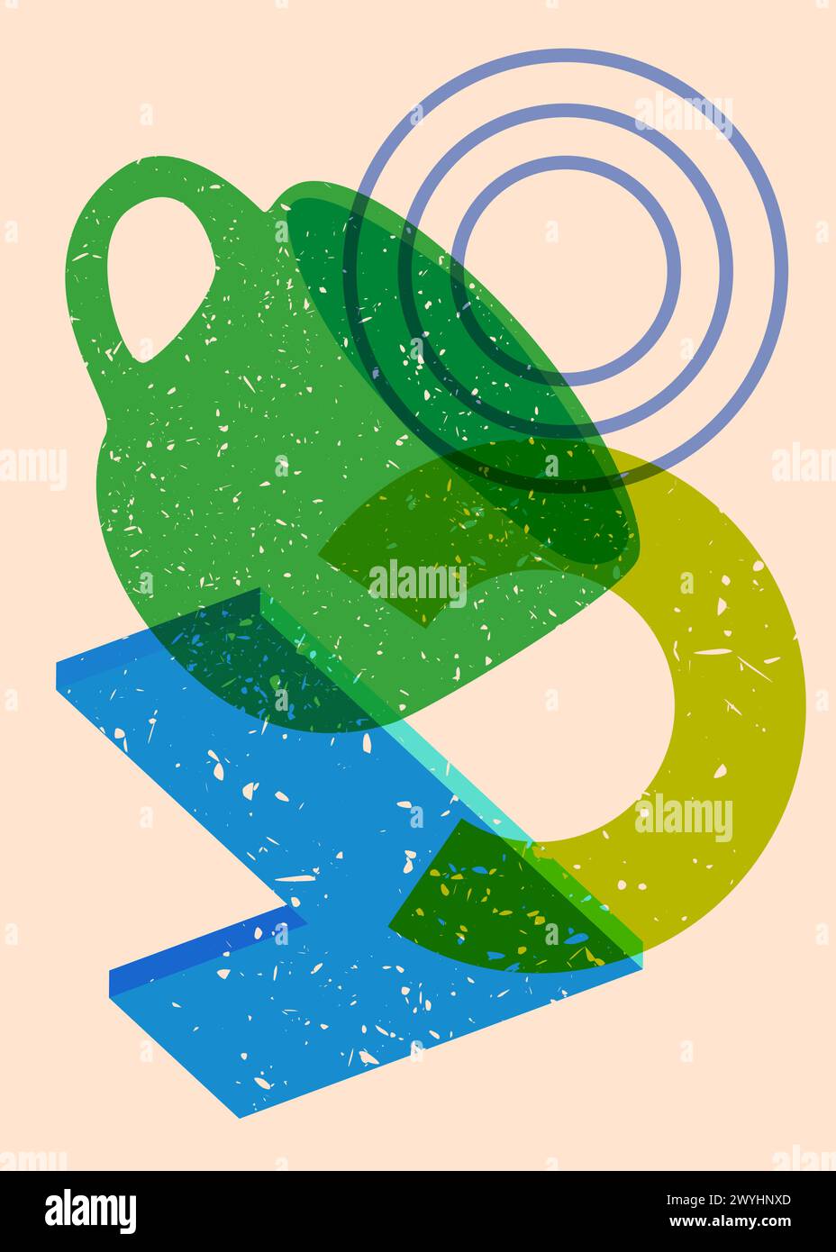 Risograph Coffee cup with geometric shapes. Objects in trendy riso ...