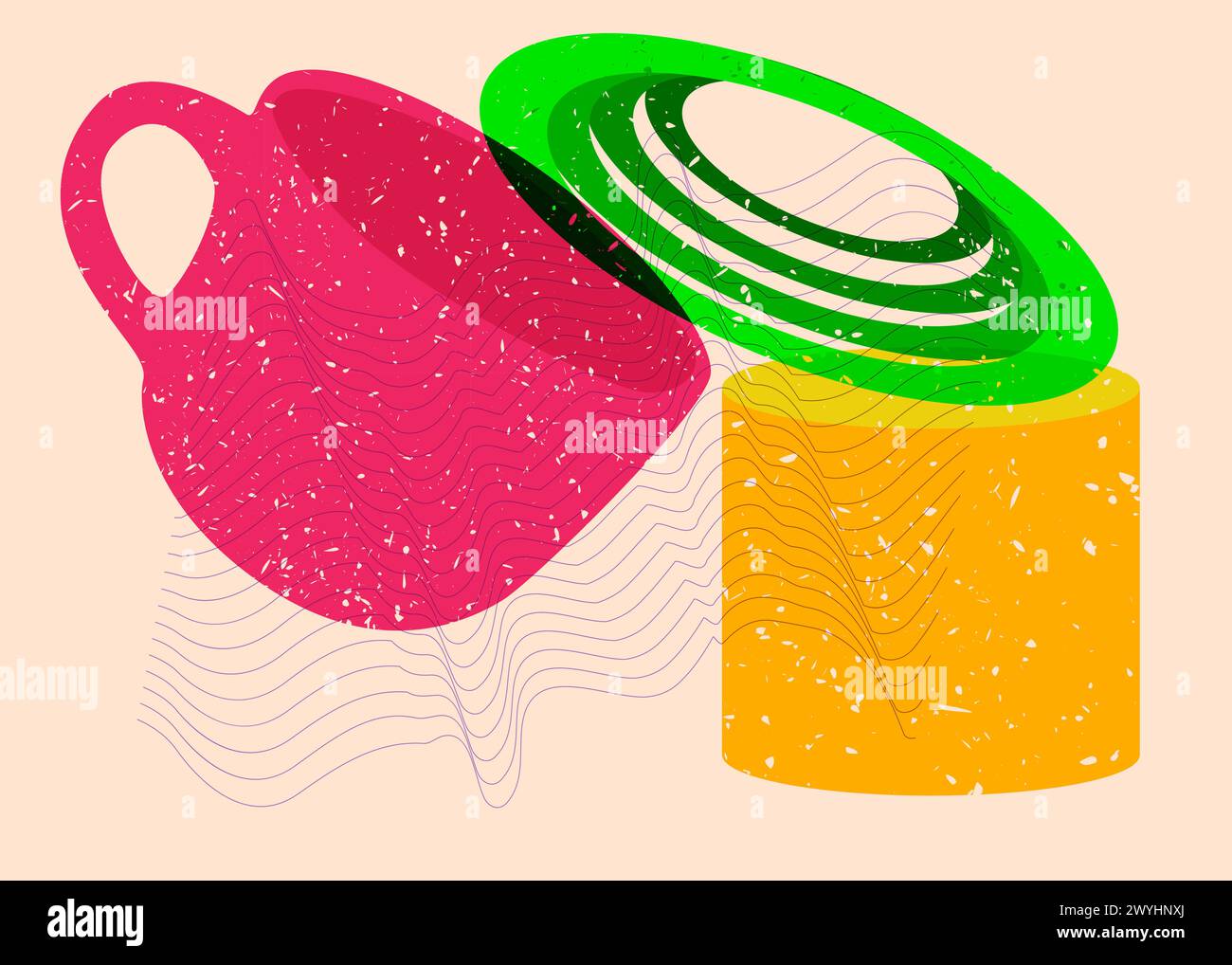 Risograph Coffee cup with geometric shapes. Objects in trendy riso ...