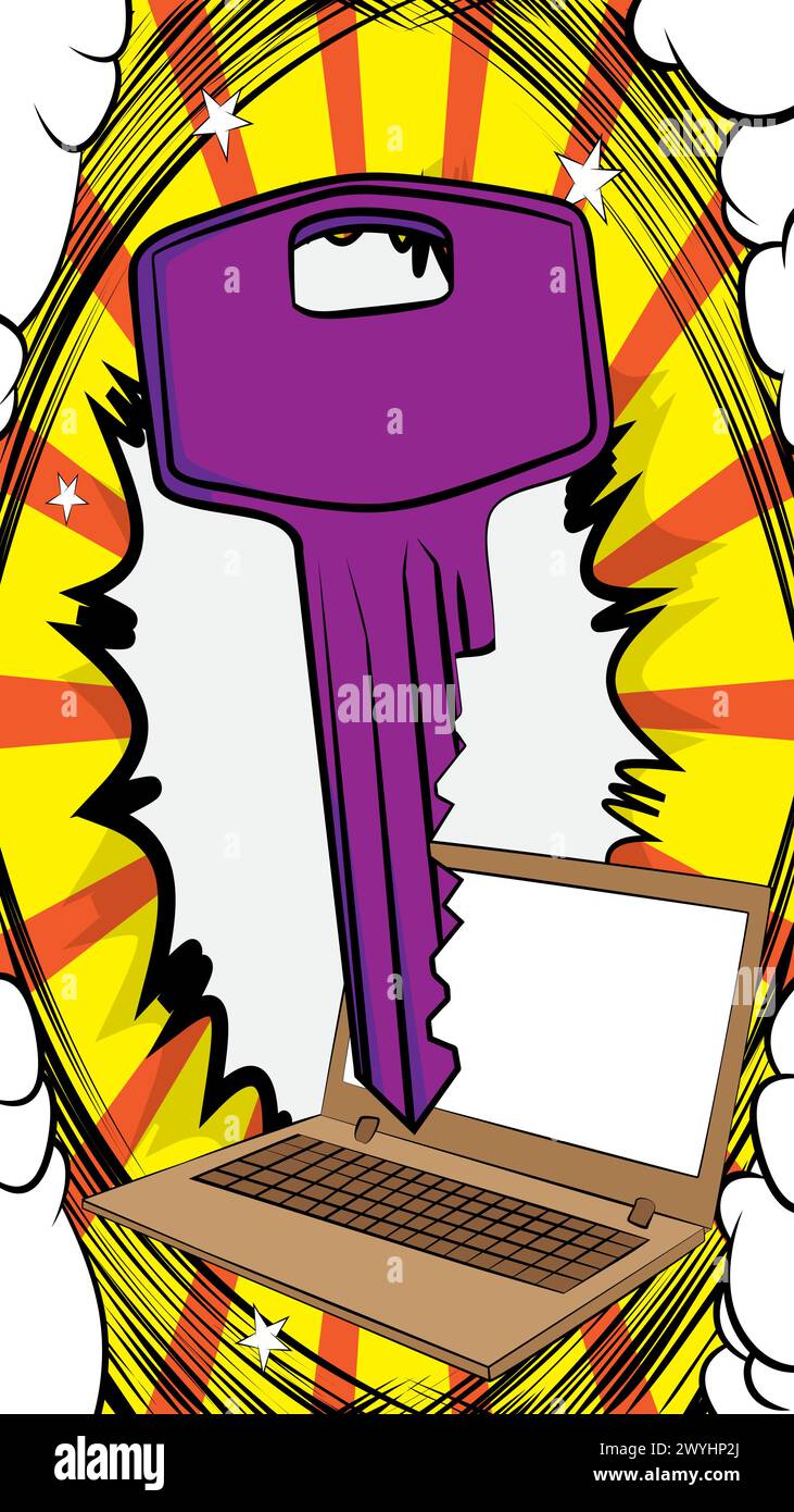 Cartoon Laptop, comic book Notebook with Key. Retro vector comics pop ...