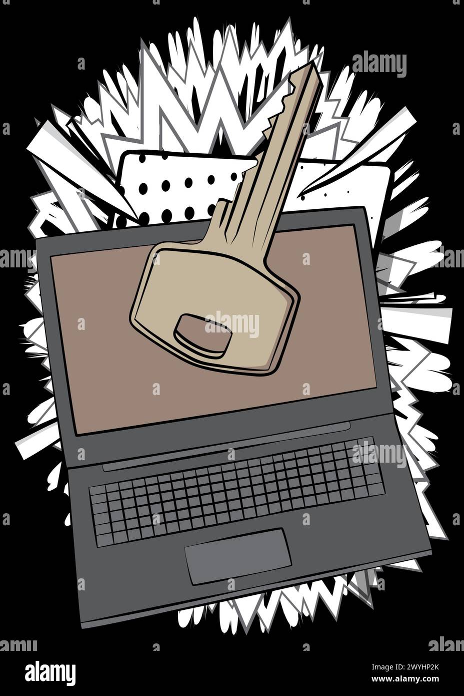 Cartoon Laptop, comic book Notebook with Key. Retro vector comics pop ...