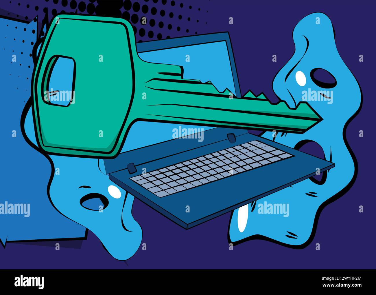 Cartoon Laptop, comic book Notebook with Key. Retro vector comics pop ...