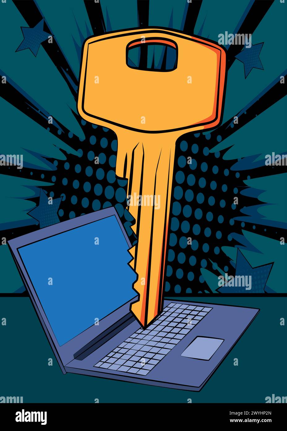 Cartoon Laptop, comic book Notebook with Key. Retro vector comics pop ...