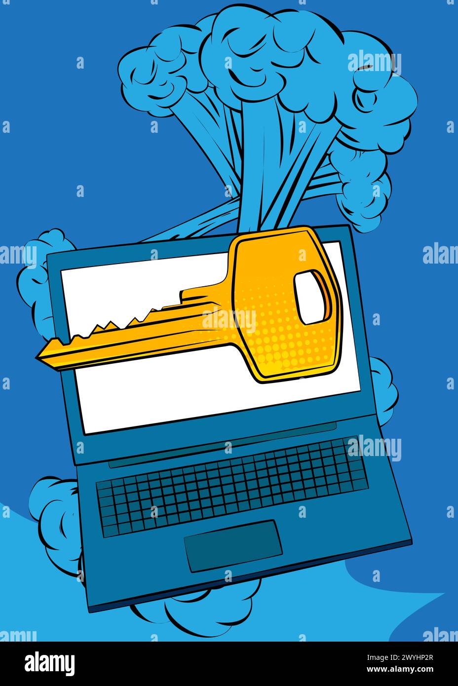 Cartoon Laptop, comic book Notebook with Key. Retro vector comics pop ...