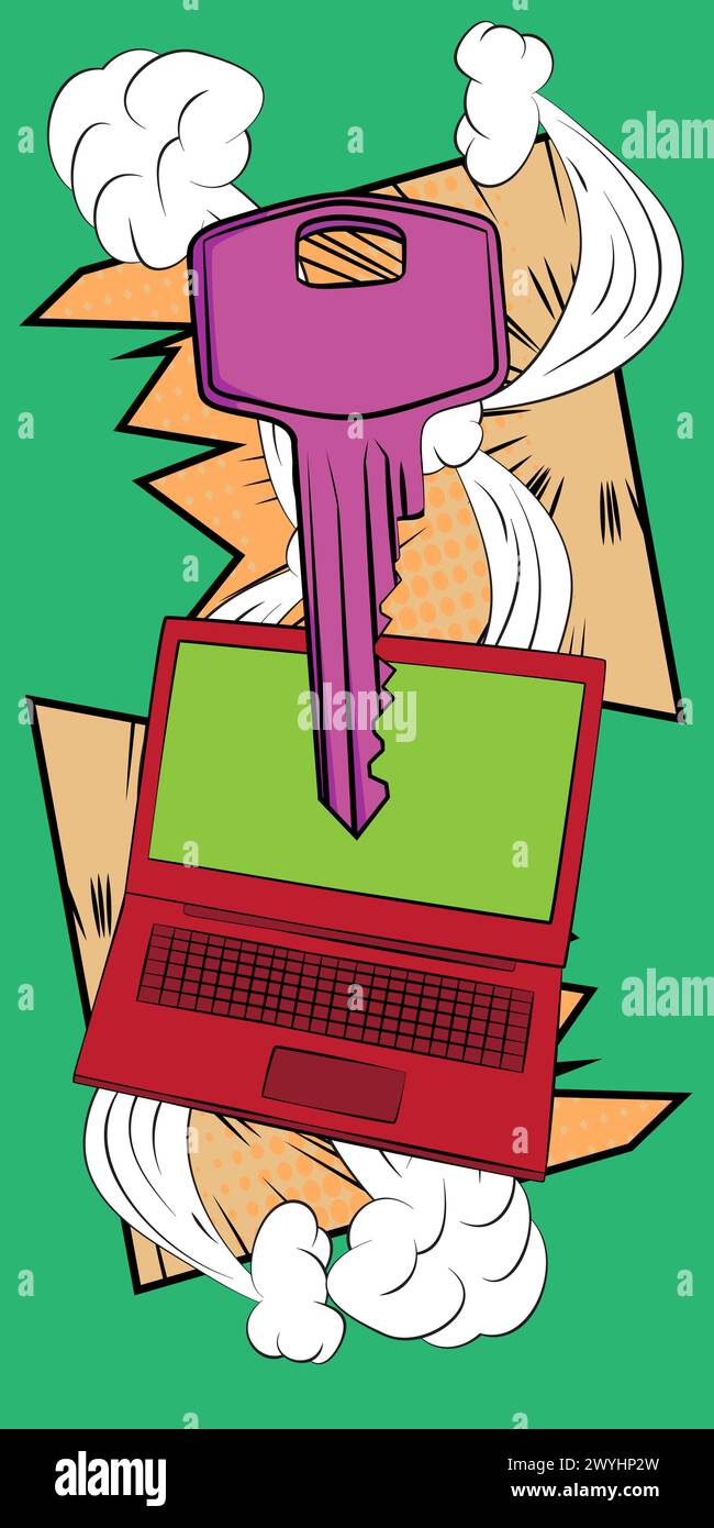 Cartoon Laptop, comic book Notebook with Key. Retro vector comics pop ...