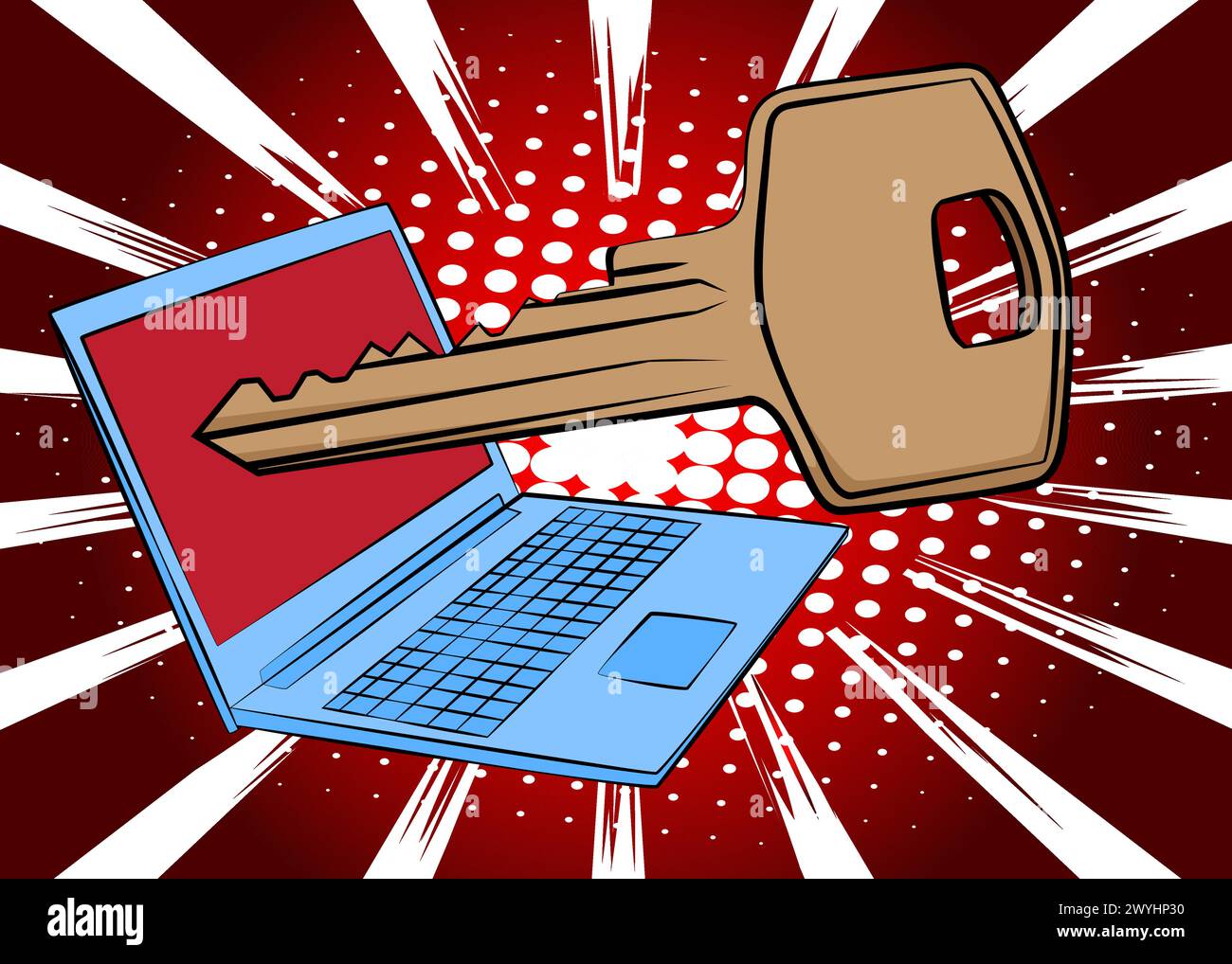 Cartoon Laptop, comic book Notebook with Key. Retro vector comics pop ...