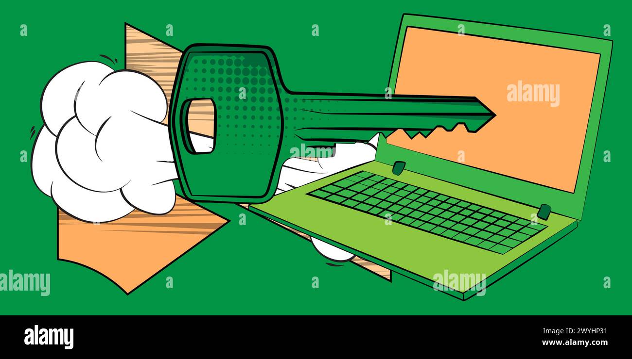 Cartoon Laptop, comic book Notebook with Key. Retro vector comics pop ...