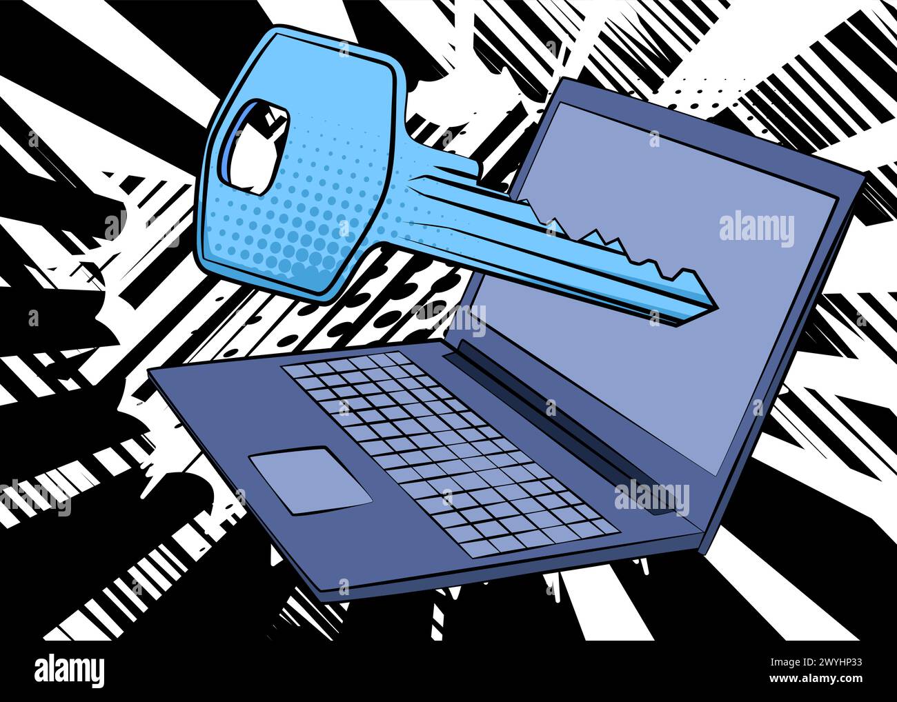 Cartoon Laptop, comic book Notebook with Key. Retro vector comics pop ...