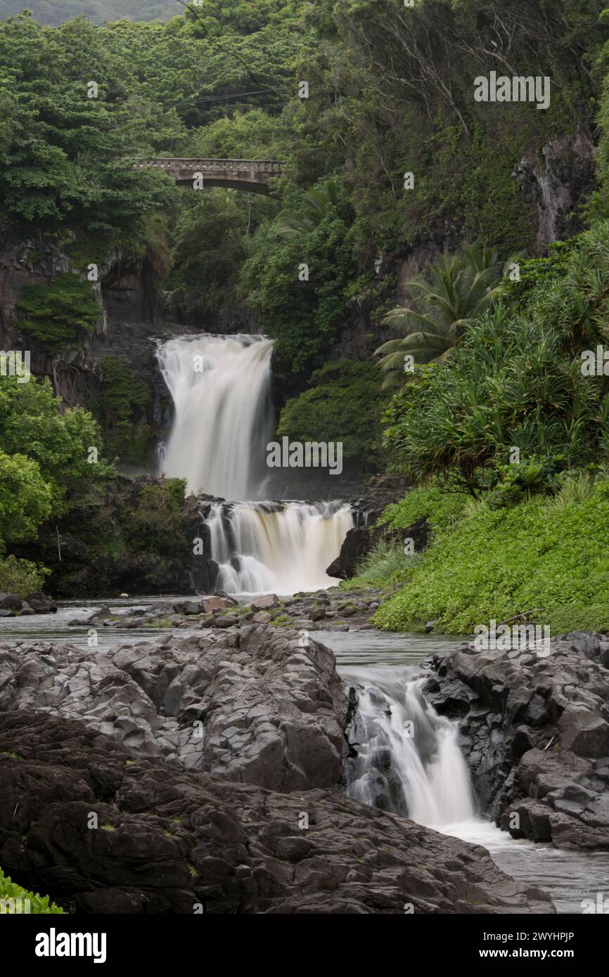 Waterfalls cascade down Ohe'o Gulch on the Hana Highway in northern ...