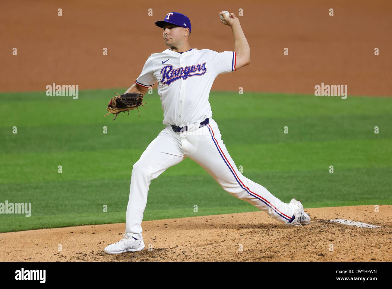 Arlington, Texas, USA. 6th Apr, 2024. Texas Rangers pitcher Brock Burke (46) warms up during the ...
