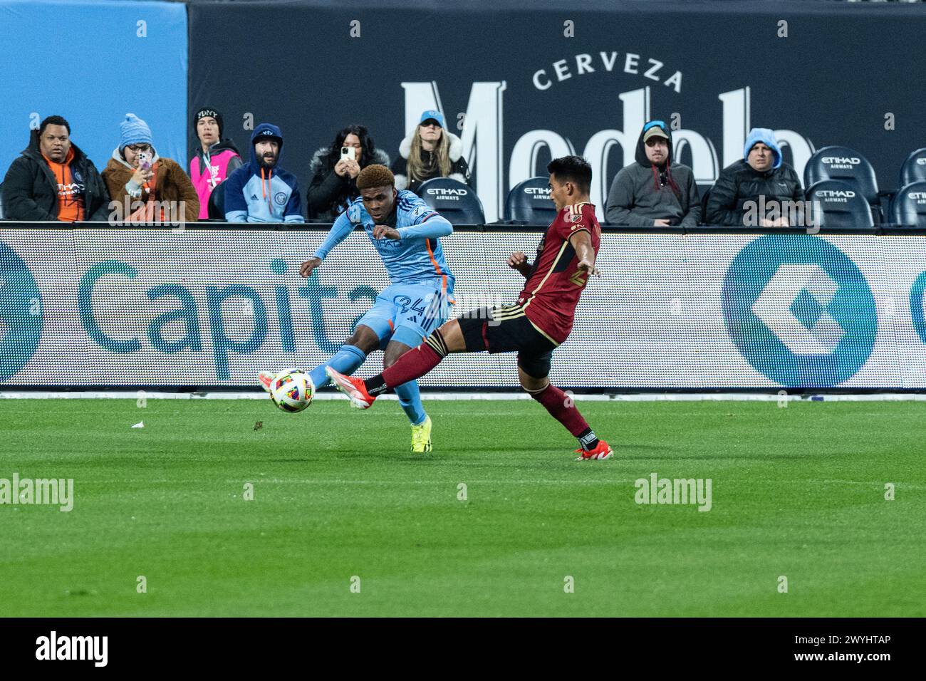 New York, USA. 06th Apr, 2024. Tayvon Gray (24) of NYCFC and Tyler ...