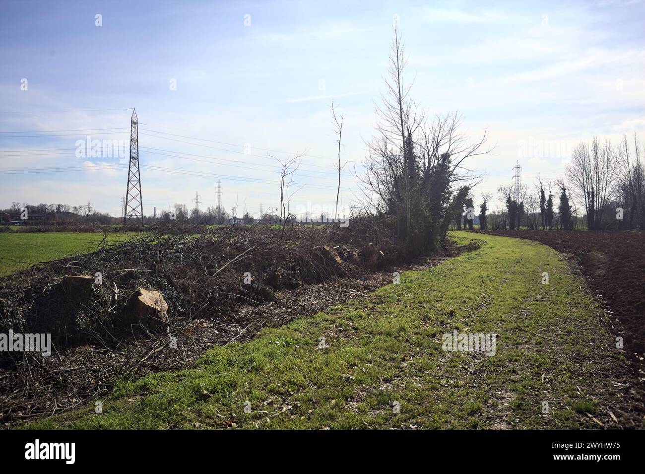 Grass path next to a ploughed field and a trench bordered by cutted ...