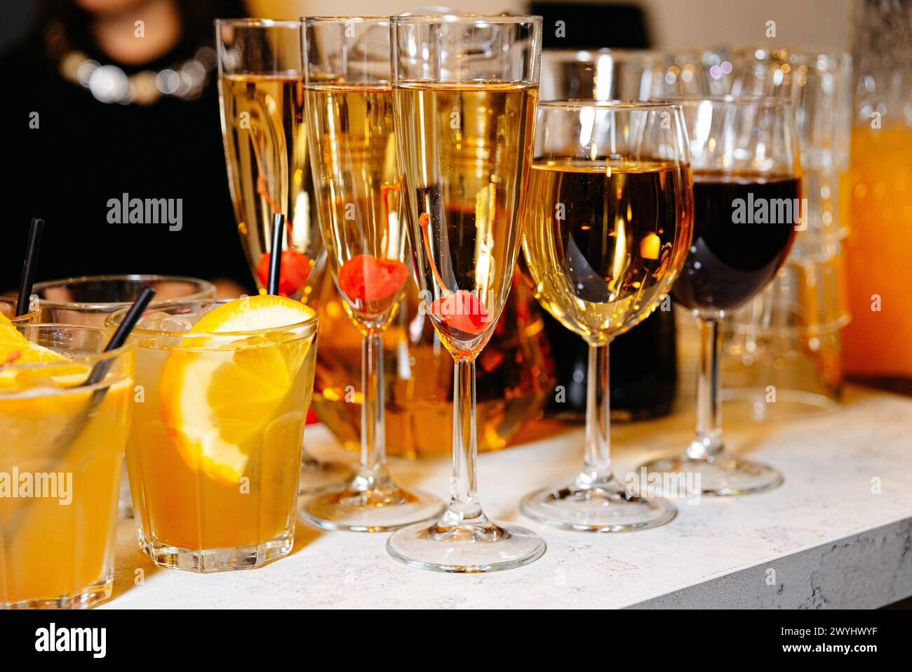 A festive selection of beverages including champagne, wine, and ...