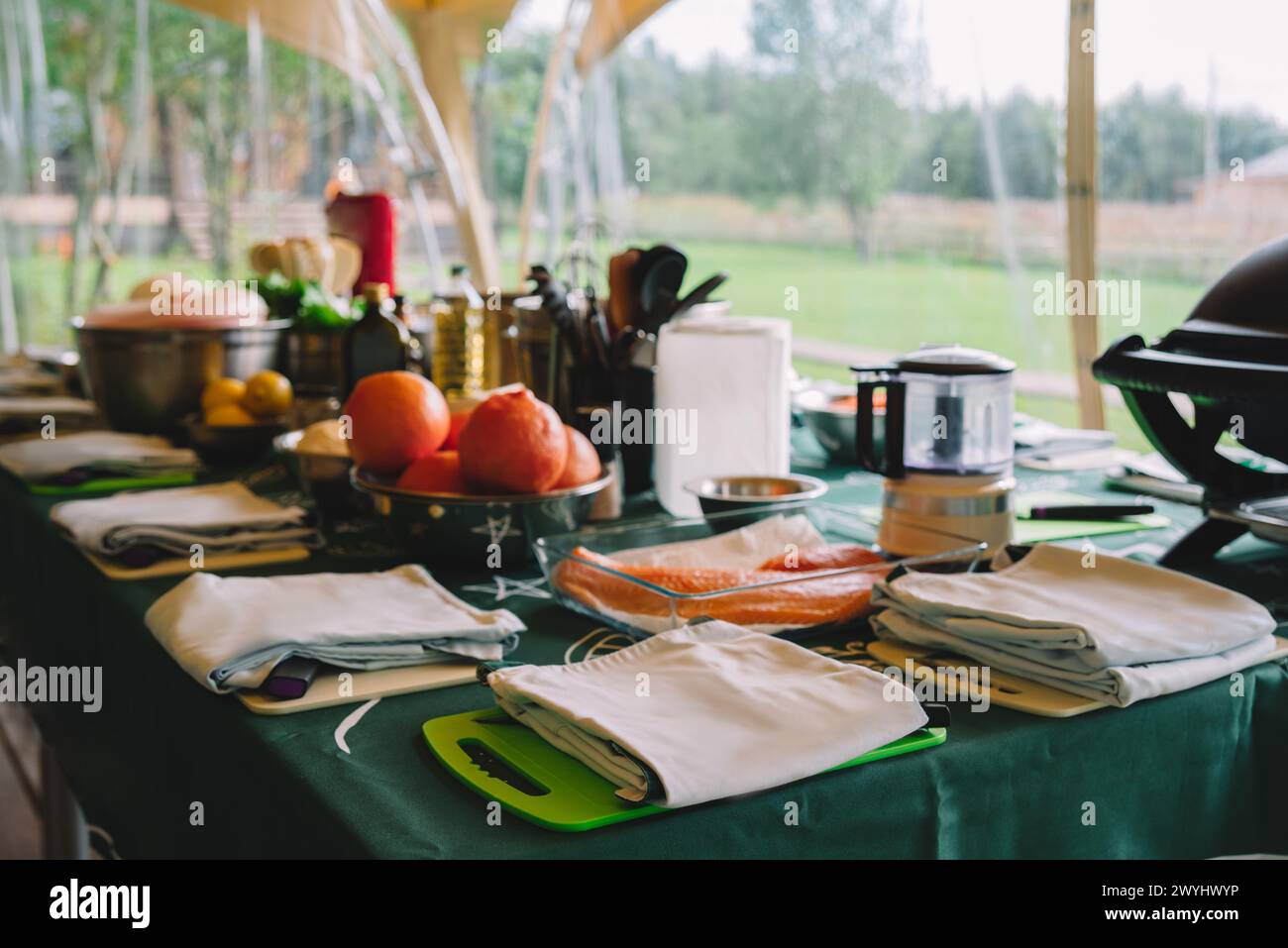 A well-equipped outdoor kitchen setup on a glamping site, ready for a ...