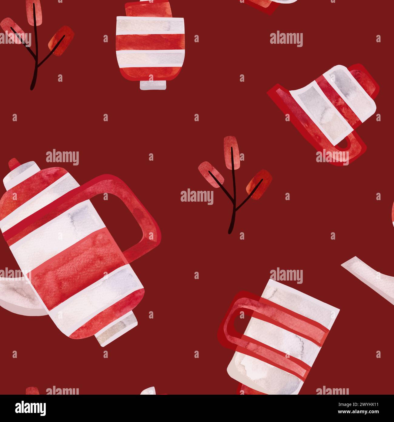 Watercolor seamless pattern with old-fashioned teapots and cups in red ...