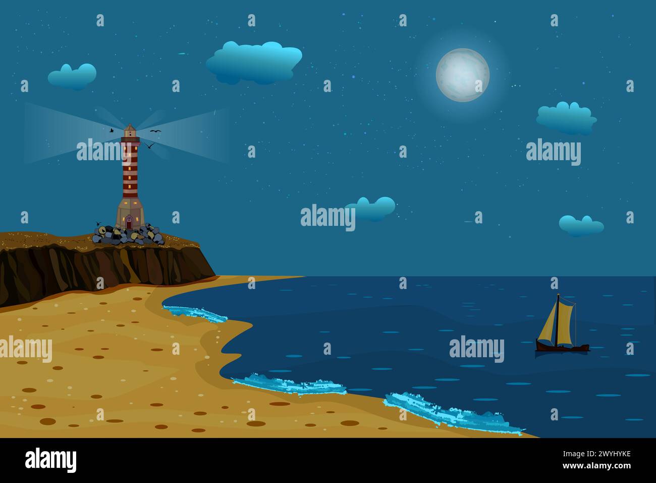 Sea, lighthouse and sailboat. Landscape with beacon on cliff at night ...