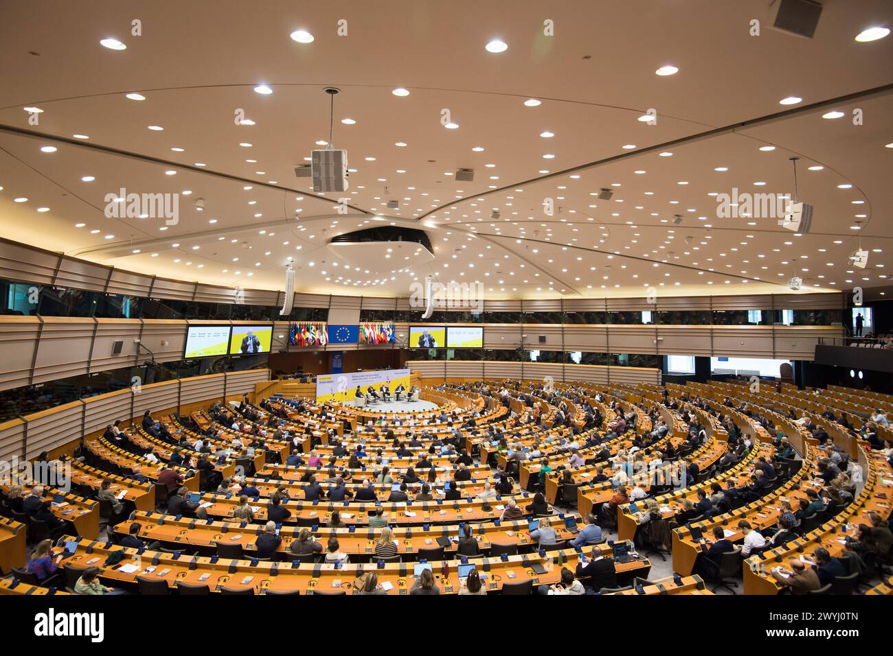 The hemicycle of the European Parliament in Paul-Henri Spaak building ...
