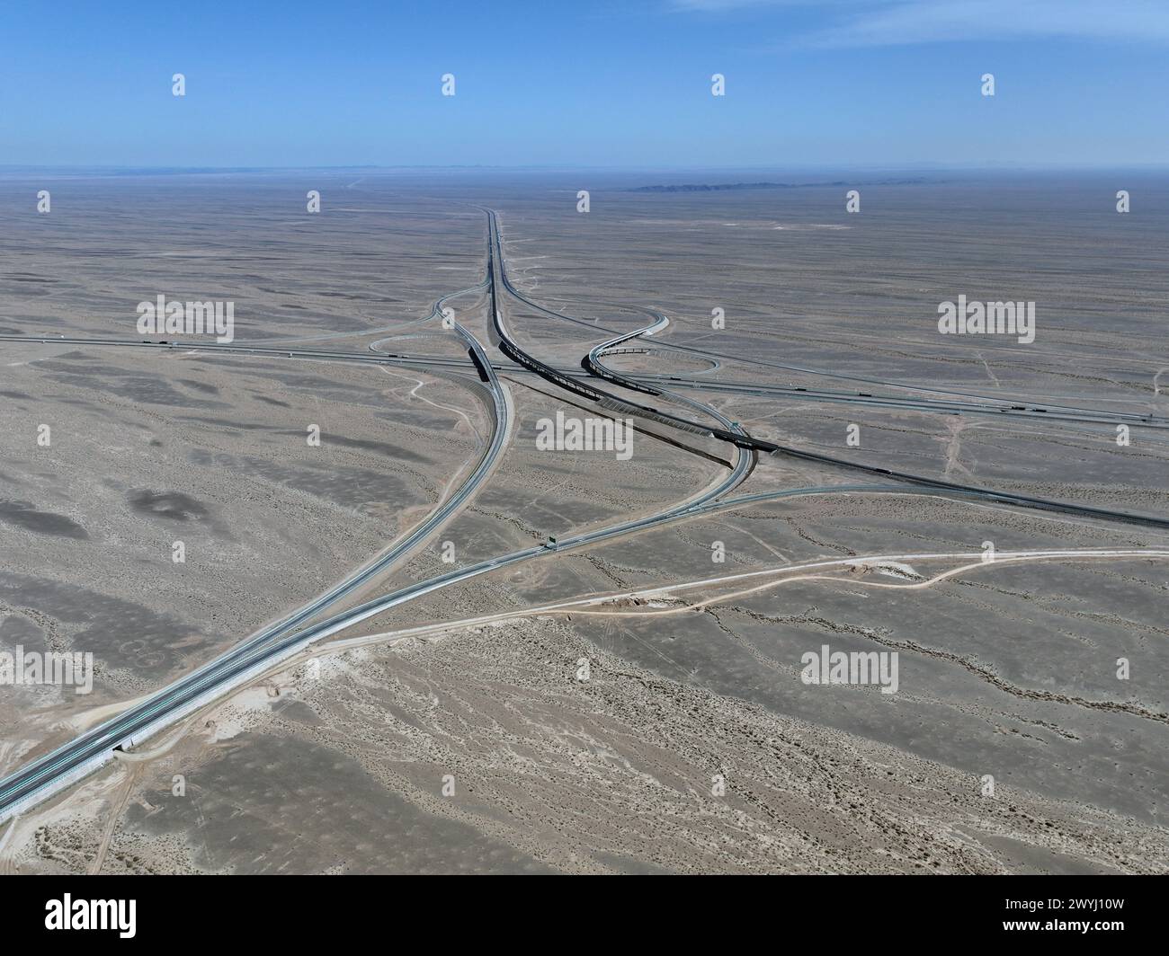 HAMI, CHINA - APRIL 5, 2024 - Aerial photo show the transition point ...