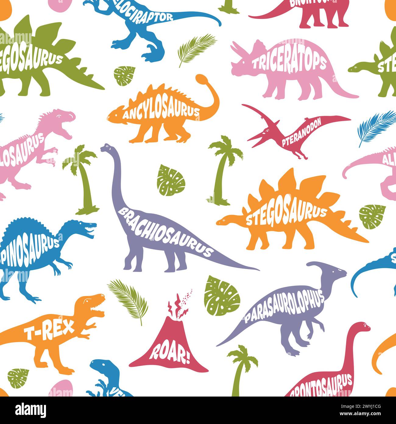 Dinosaur color seamless pattern. Hand drawn vector dinosaurs on white ...